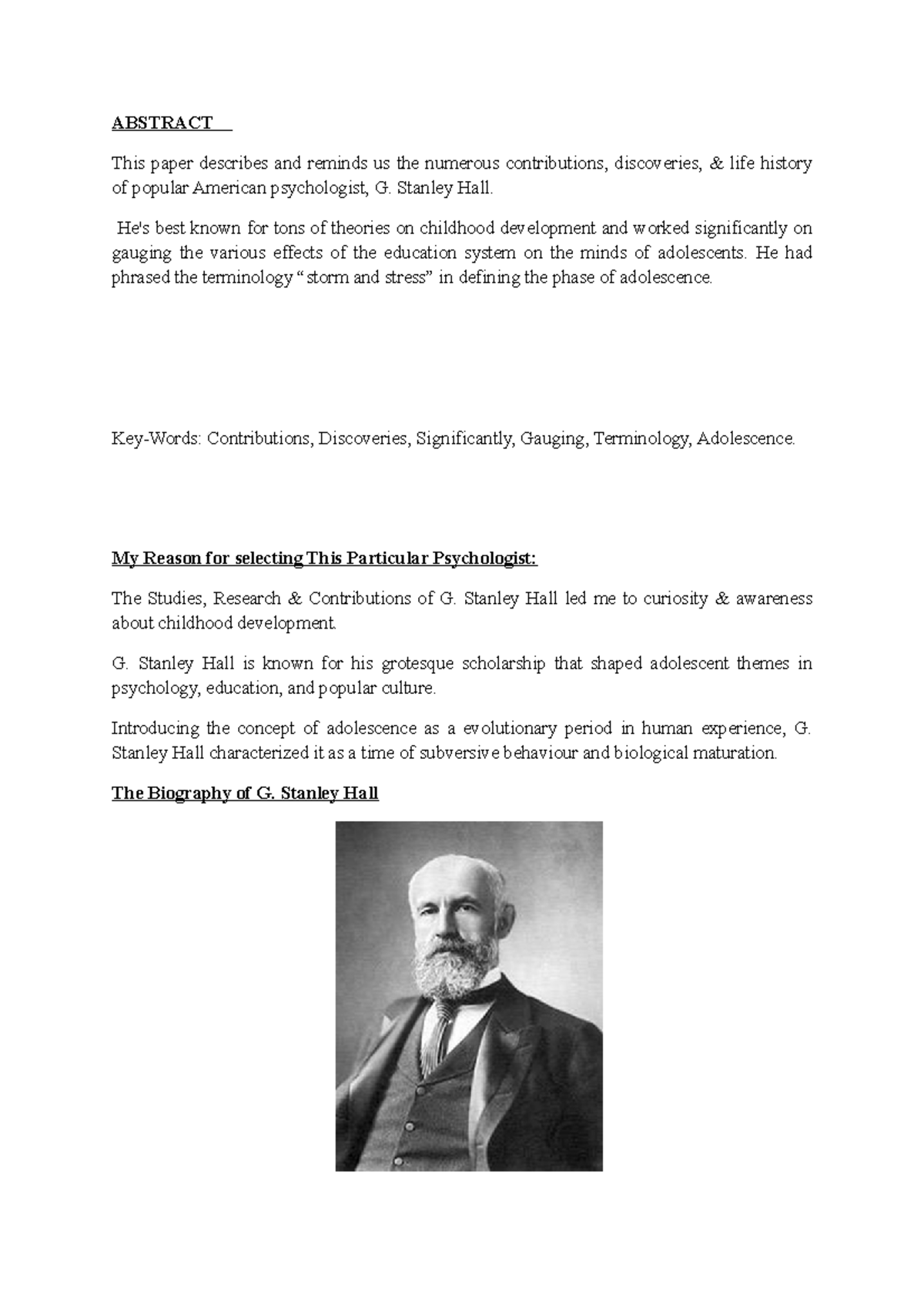 G - This essay is The Biography of G. Stanley Hall - ABSTRACT This ...