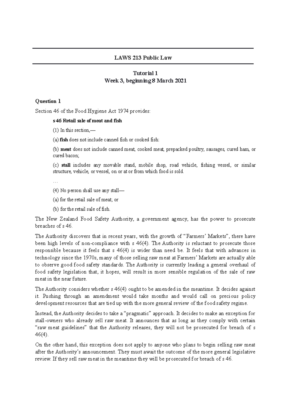 Public Tut W3 - Tutorial and answers - LAWS 213 Public Law Tutorial 1 Week 3, beginning 8 March ...