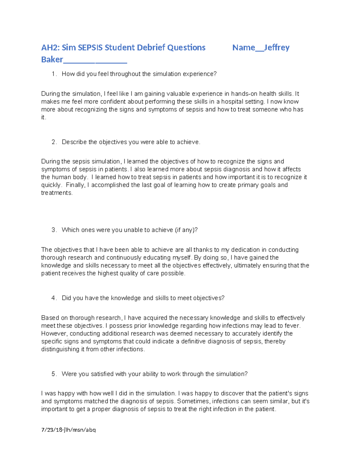 AH2 SIM #2 - Sturgill Debrief 1 - AH2: Sim SEPSIS Student Debrief ...