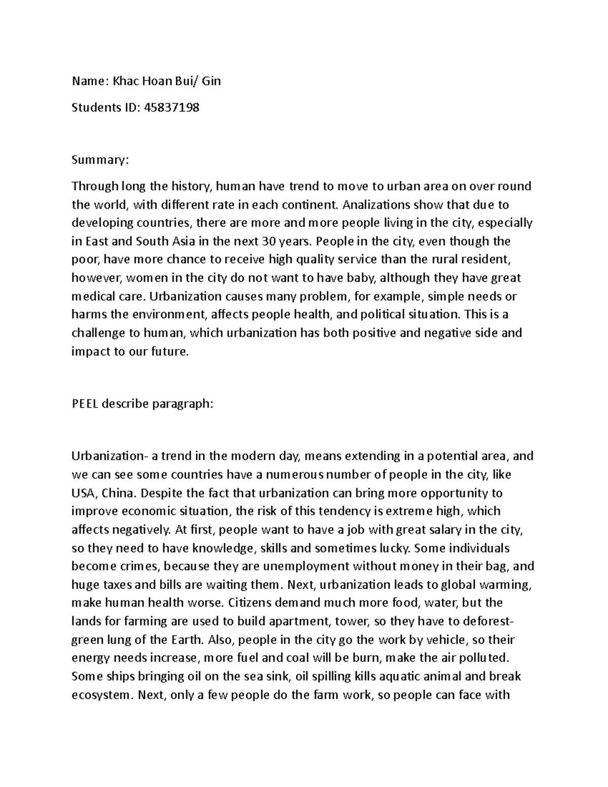 Urbanization - blalalalalalalalallalala - Name: Khac Hoan Bui/ Gin ...