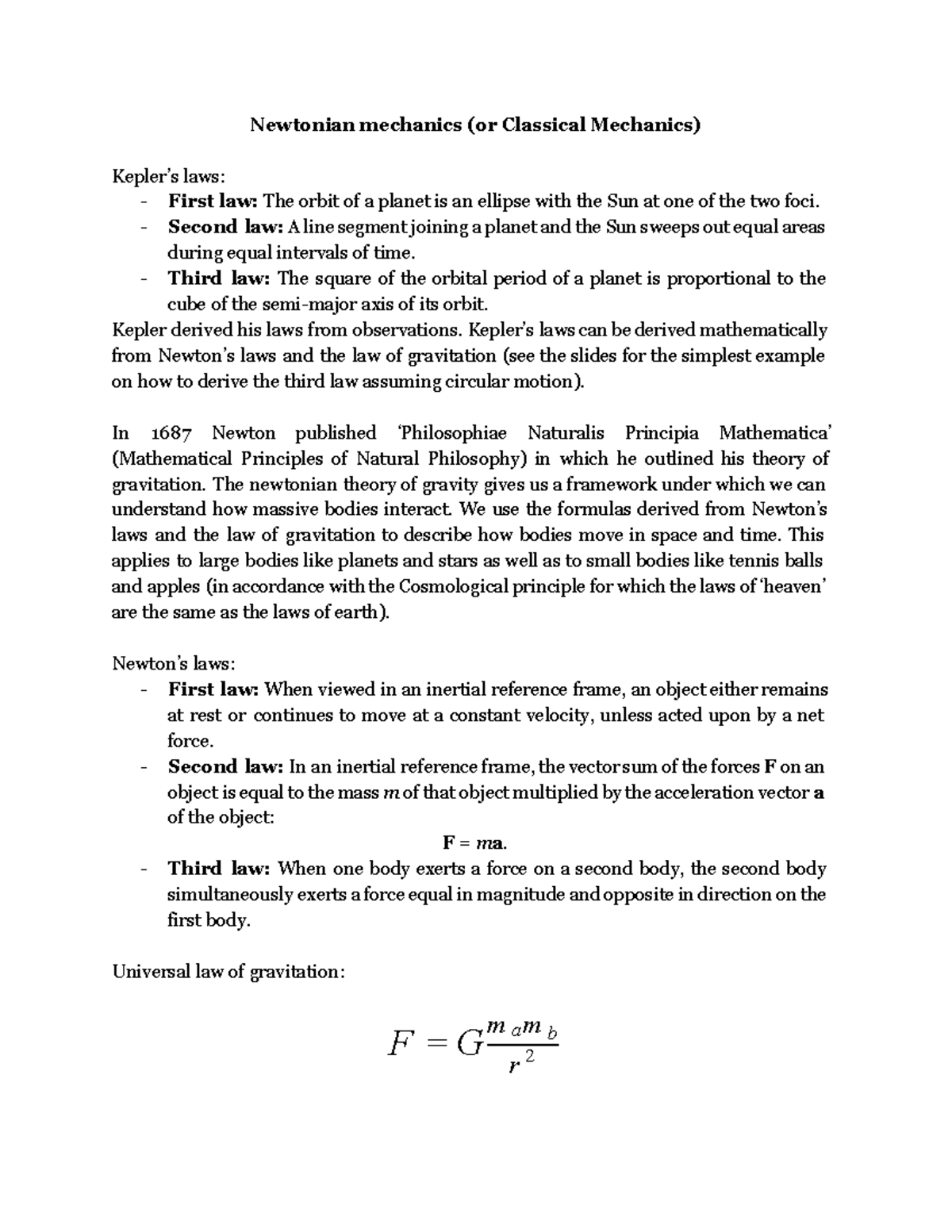 Note 02 - Newtonian mechanics - Newtonian mechanics (or Classical ...