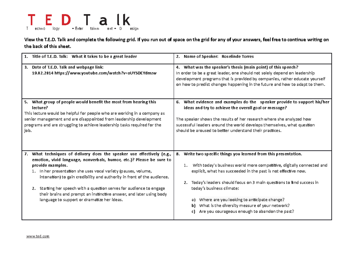 TED Analysis Template - T T echno E logy D Enter T tainm a ent • l D k ...