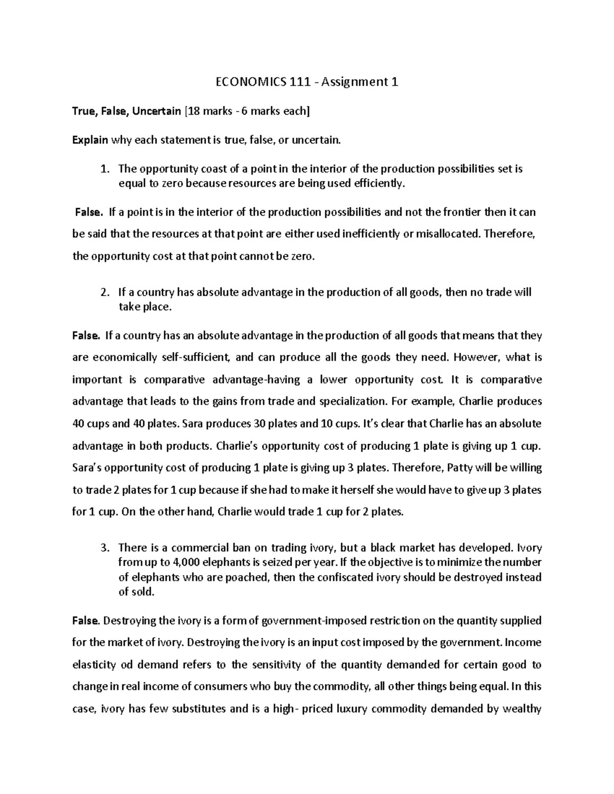 Economics 111- Assignment 1 - ECONOMICS 111 - Assignment 1 True, False ...