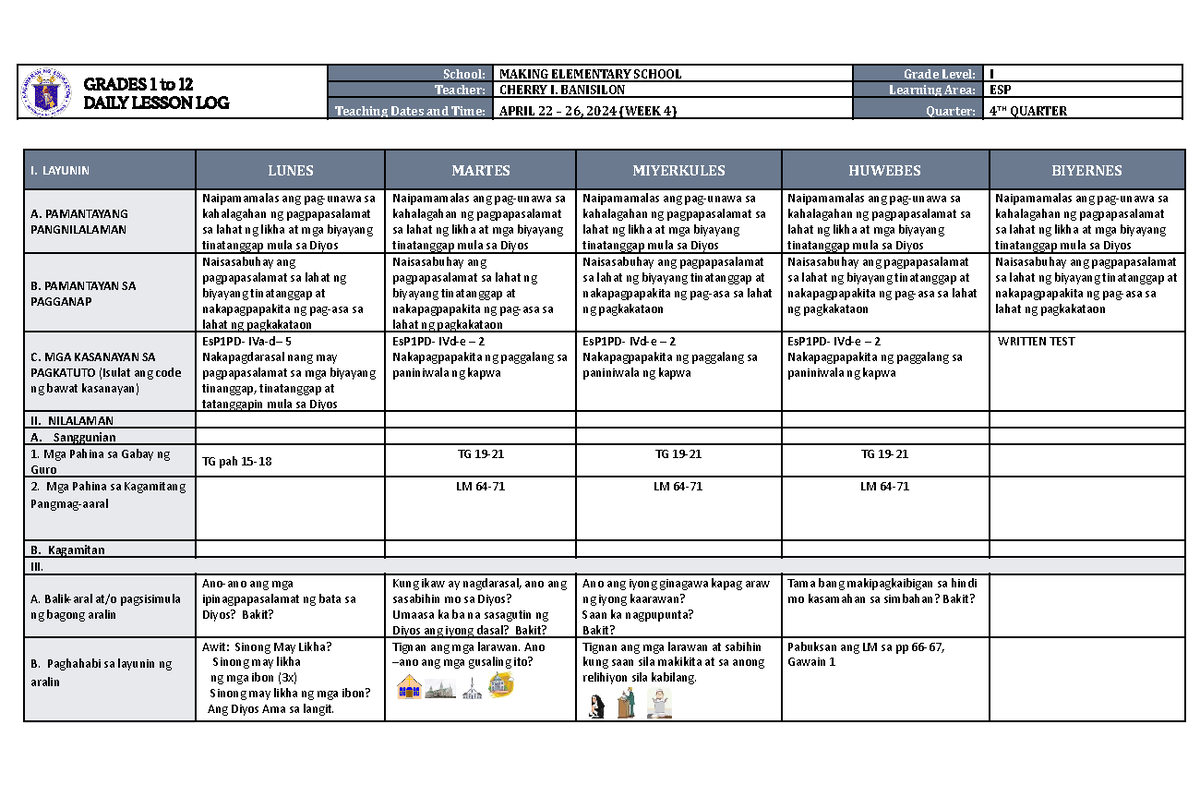 DLL ESP 1 Q4 W4 - GRADES 1 to 12 DAILY LESSON LOG School: MAKING ...
