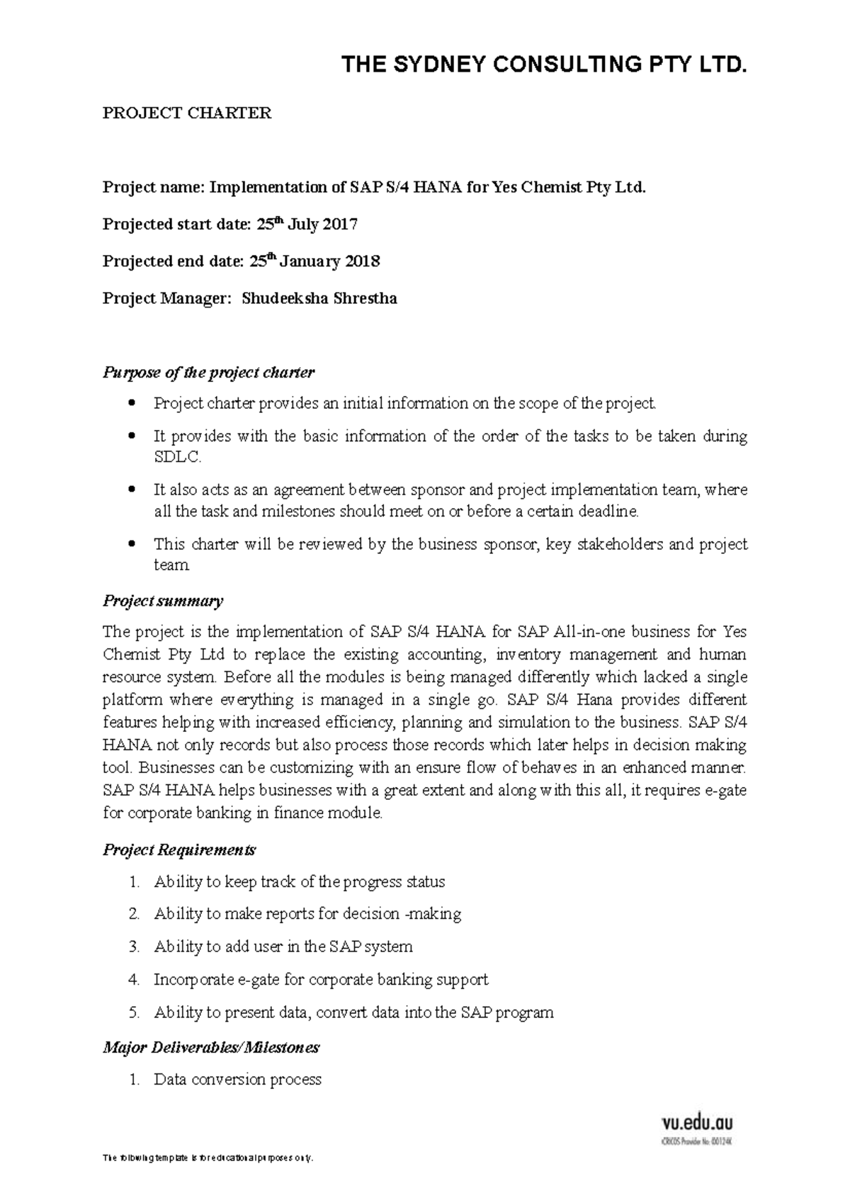 S4610037 shudeeksha - This a project charter for implementing Sap S/4 ...