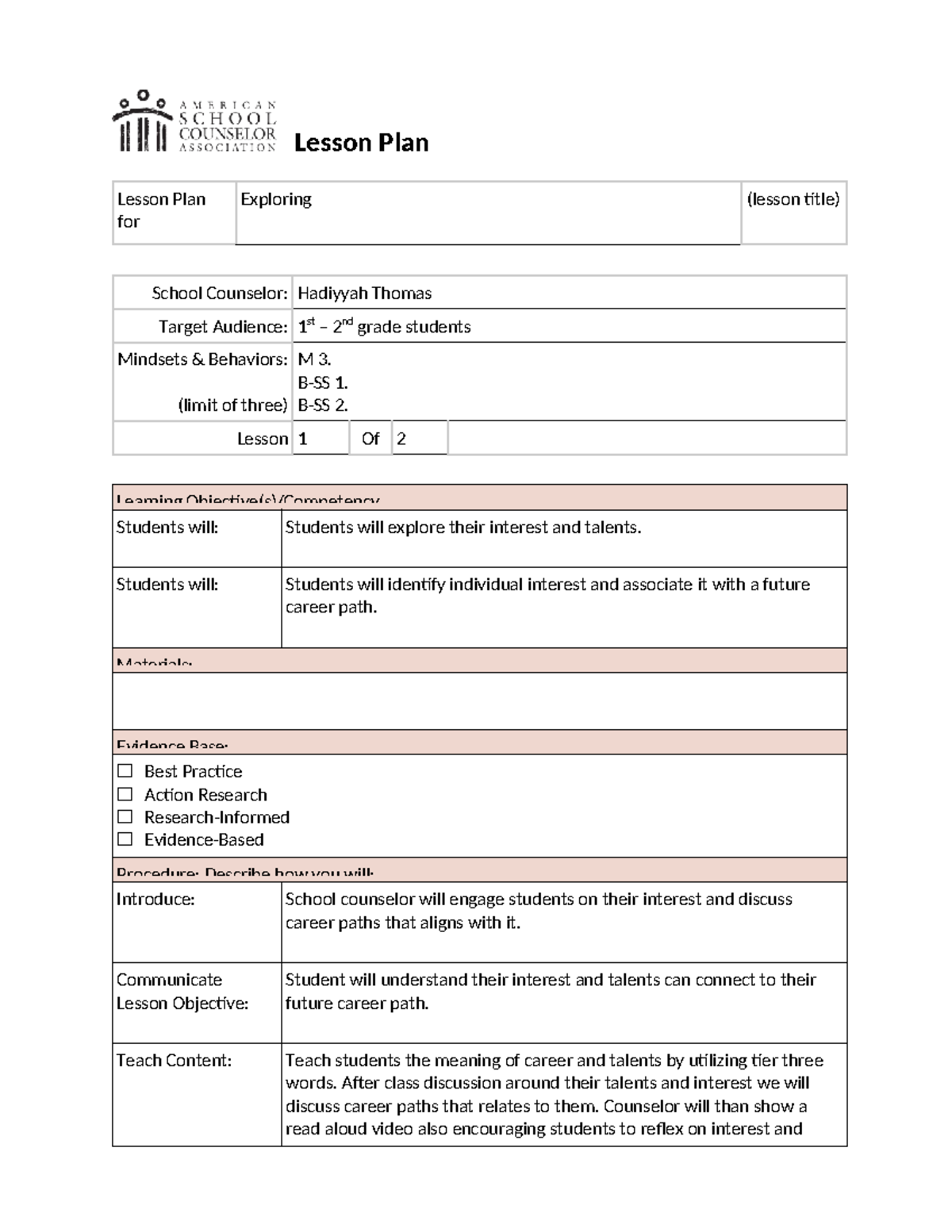 Cf ASCA lesson plan 4th edition - Lesson Plan Lesson Plan for Exploring ...