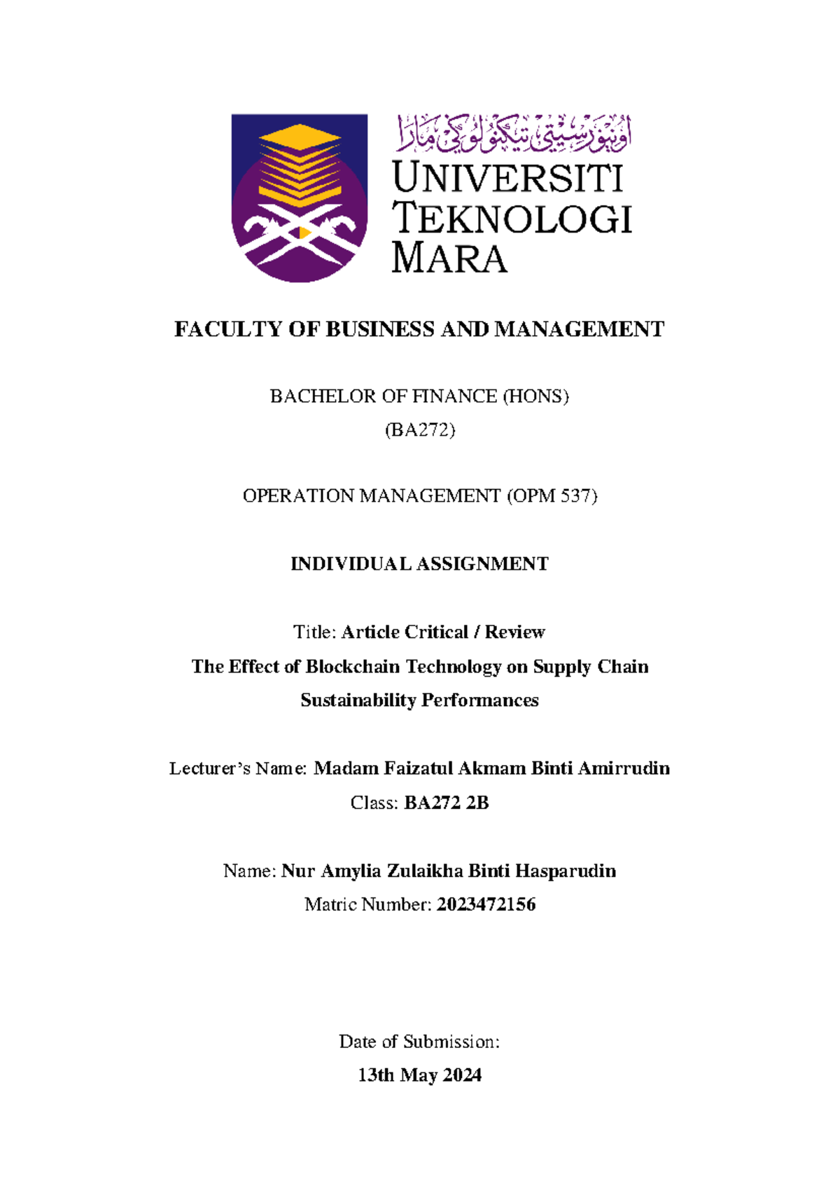 Individual Assignment 1 OPM537 - FACULTY OF BUSINESS AND MANAGEMENT ...