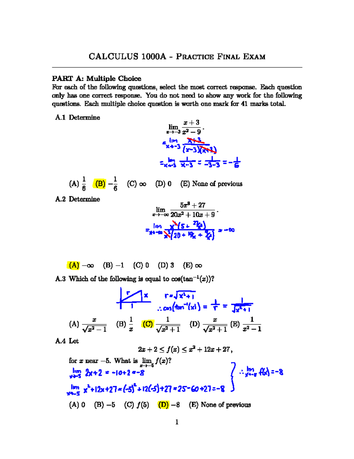 Calc 1000A Final Practice Exam Solutions - CALCULUS PRACTICE FINAL EXAM ...