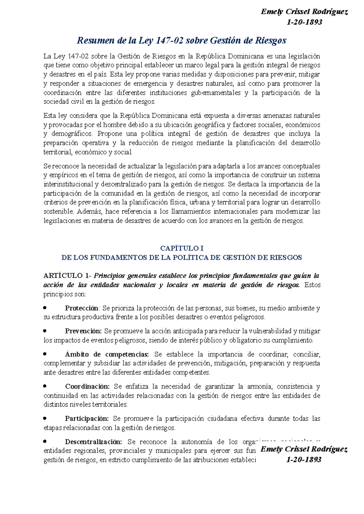 Manejo DE Desastres - Resumen DE LEY - Resumen de la Ley 147-02 sobre Gestión de Riesgos La Ley ...