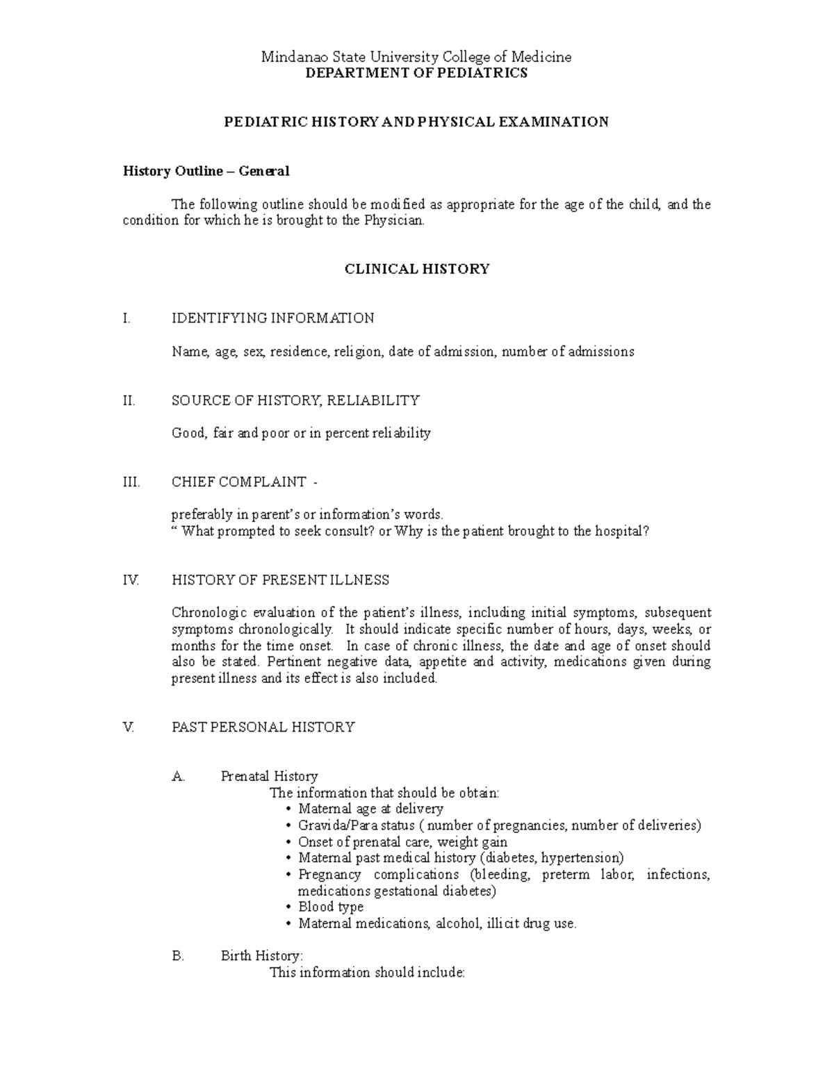 Copy of Pediatrics. History and Physical Examination - Mindanao State ...