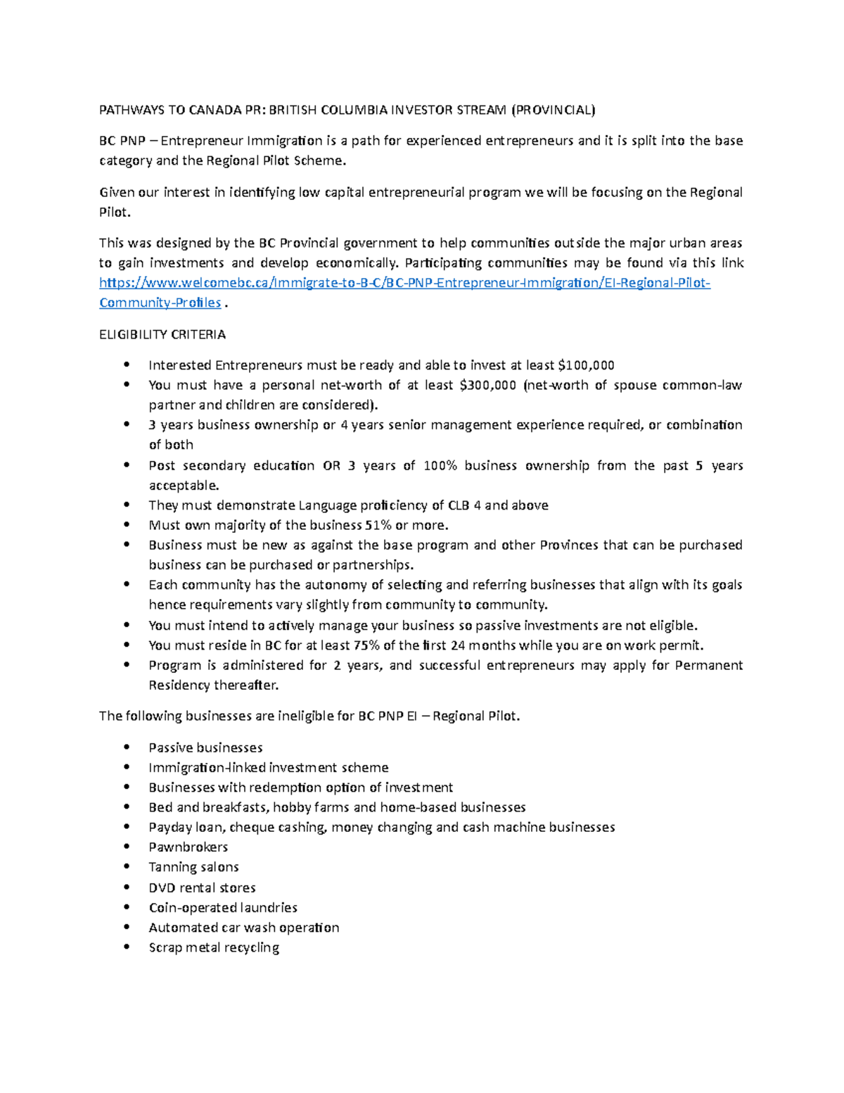 Pathways to Canada Permanent Residency - BC PNP EI - Regional Pilot ...