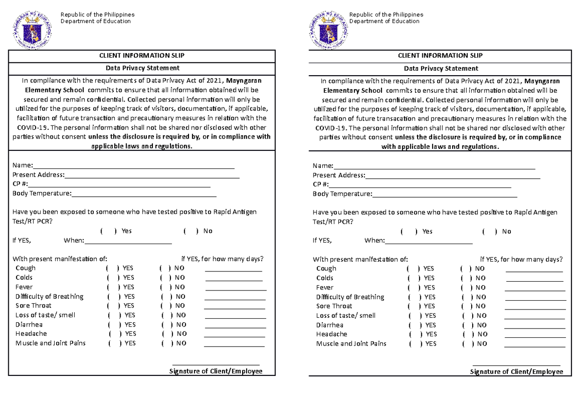 Client- Information-SLIP - CLIENT INFORMATION SLIP Data Privacy ...