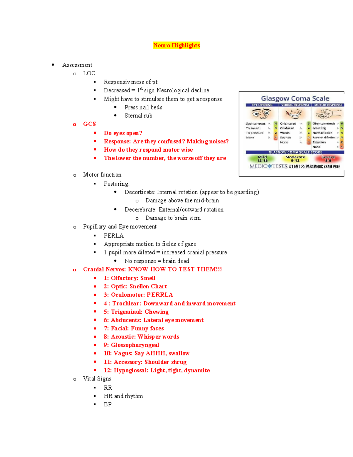 Neuro Highlights-Student - Neuro Highlights Assessment o LOC ...