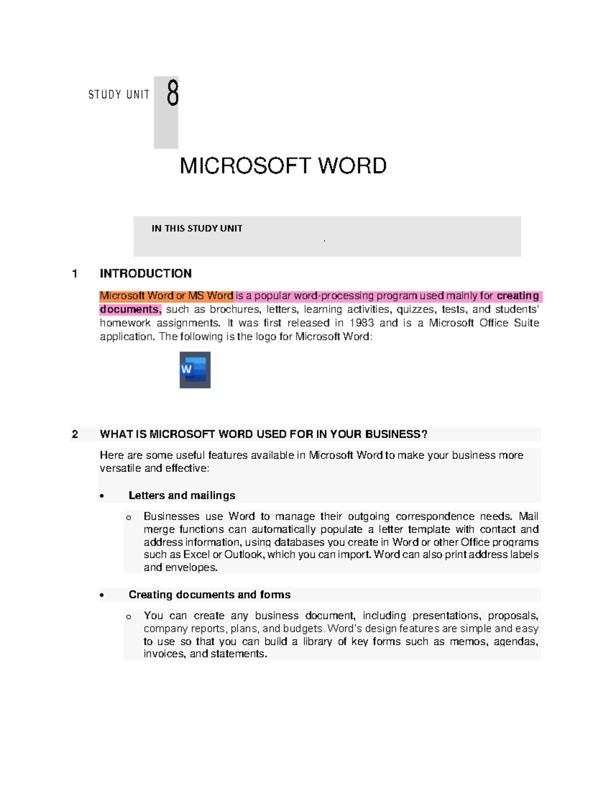 Study Unit 8 - note - S T U D Y U N I T 8 MICROSOFT WORD IN THIS STUDY UNIT 1 INTRODUCTION ...