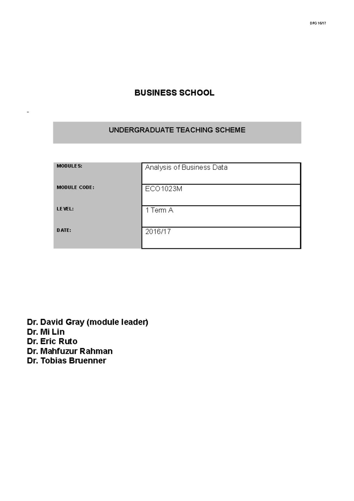 Module Handbook 2016/2017 - DPG16/17 BUSINESS SCHOOL UNDERGRADUATE ...