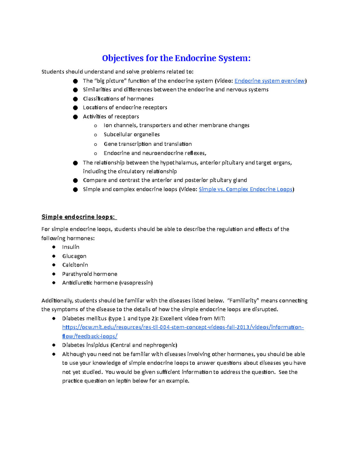 Endocrine System Learning Objectives - Objectives for the Endocrine ...