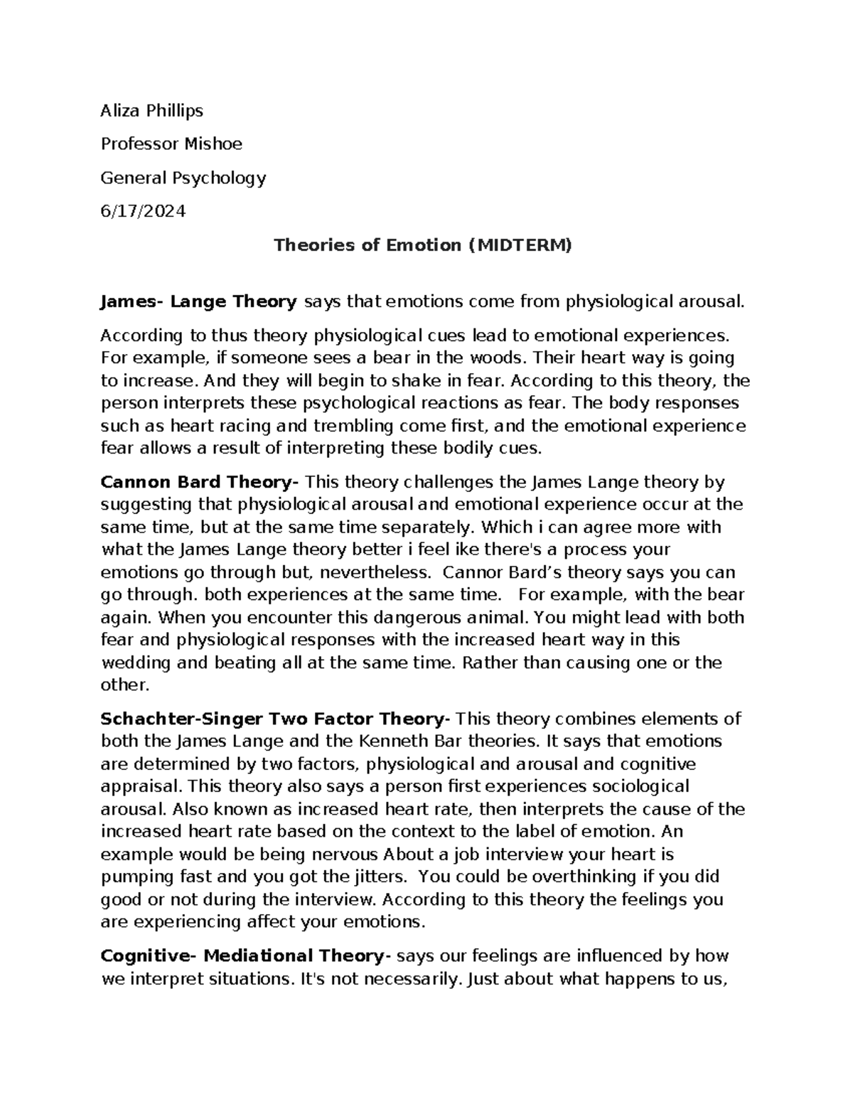 Theories of Emotion - General Psychology Midterm Exam Notes - Aliza ...