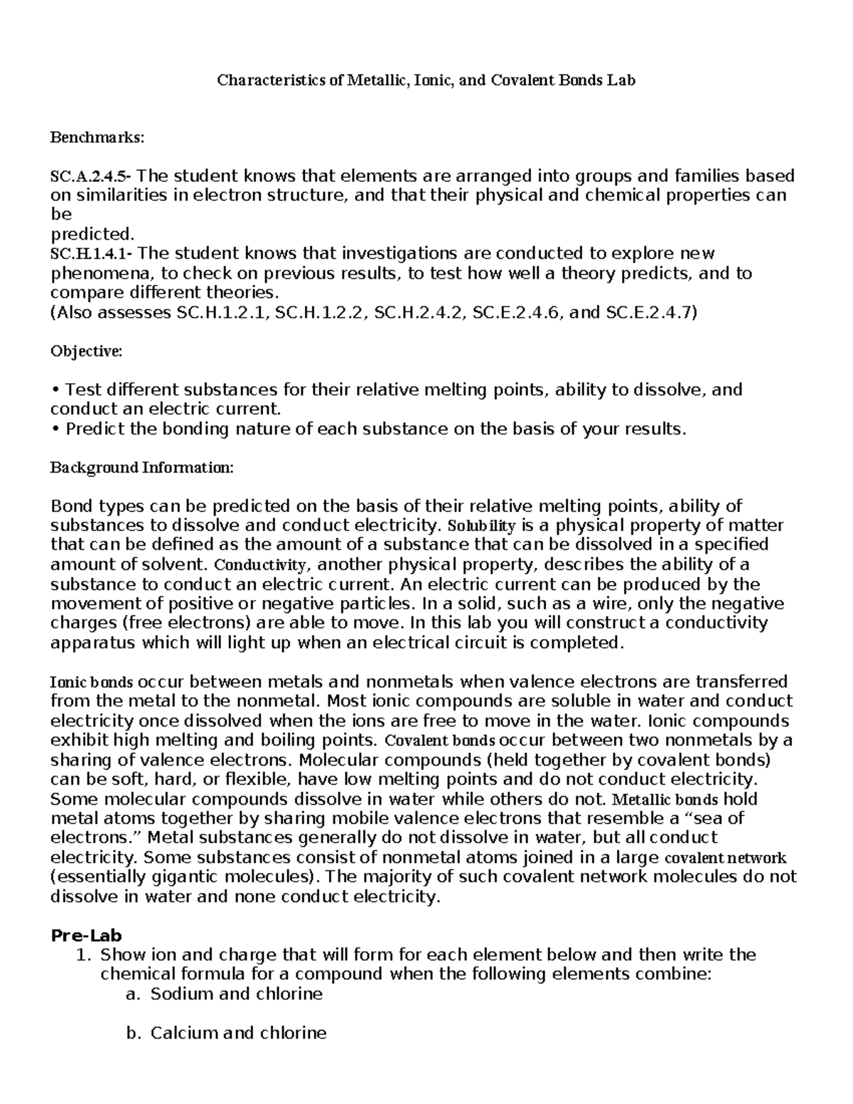 Ionic and Covalent Bonding Lab 10 4 - Characteristics of Metallic ...