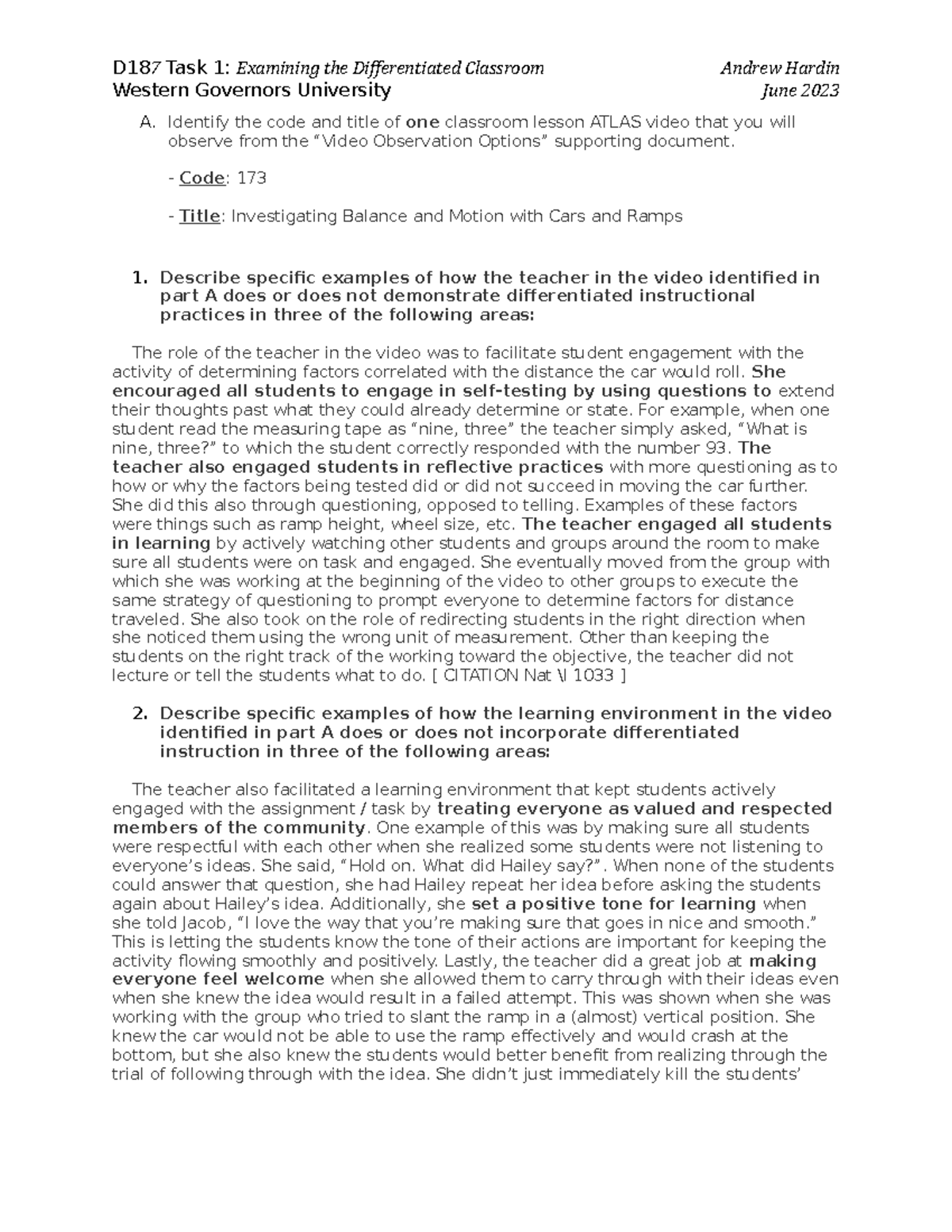 D187 Task 1 - Passed - D18 7 Task 1: Examining the Differentiated ...