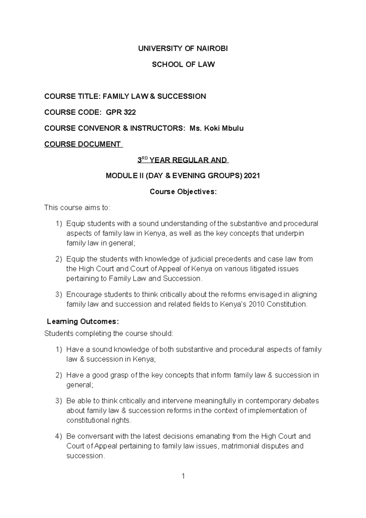 Copy of Course Outline Document Family LAW - UNIVERSITY OF NAIROBI ...