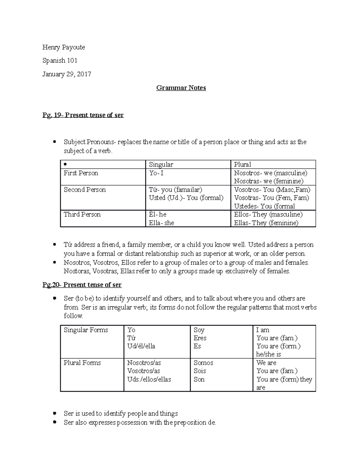 Spanish notes 2 www - Henry Payoute Spanish 101 January 29, 2017 ...