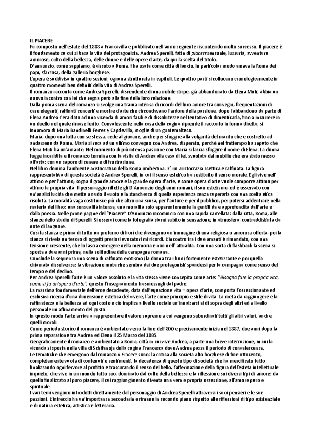 Il Piacere - D'Annunzio, riassunto completo per esame - Letteratura ...