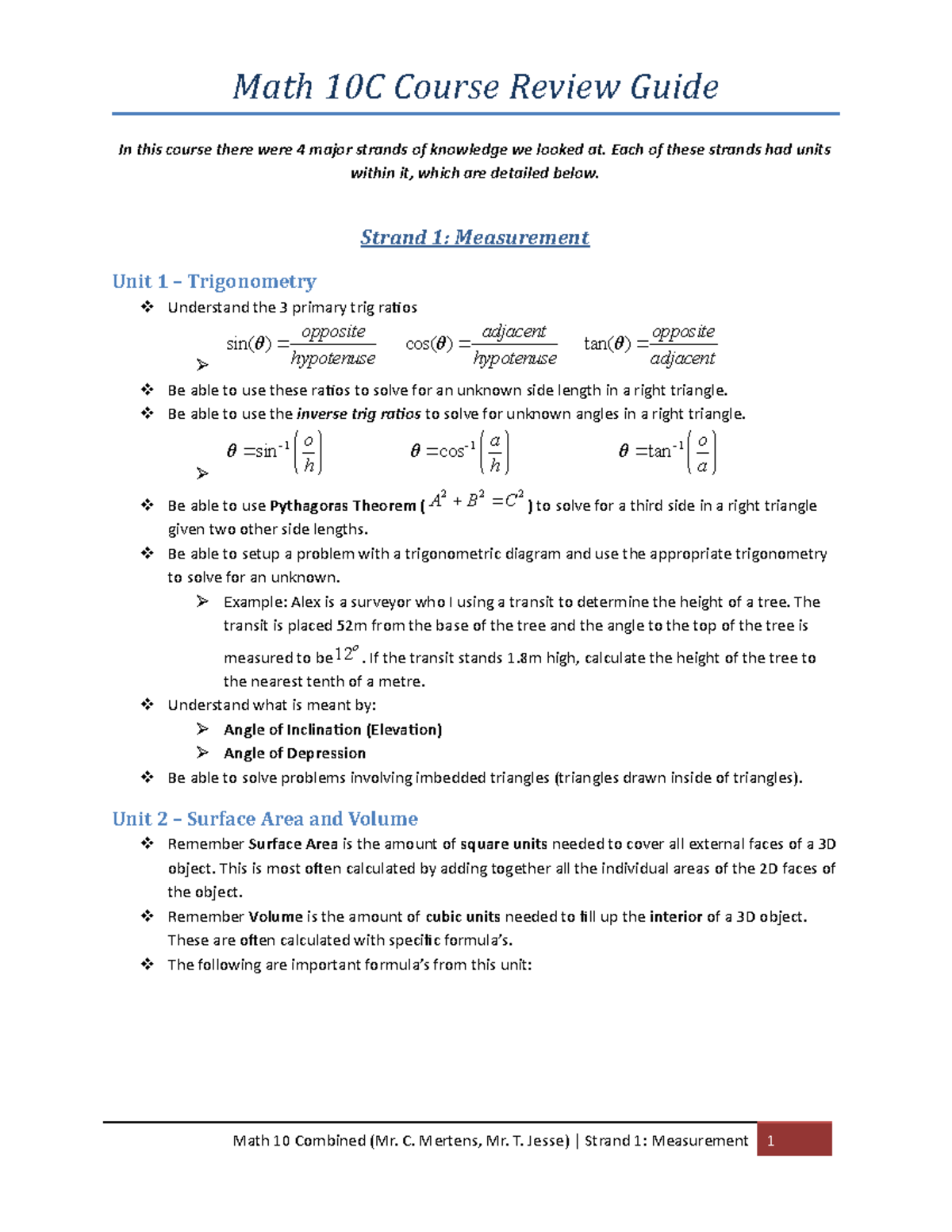 Math 10C Course Review Guide - Each of these strands had units within ...