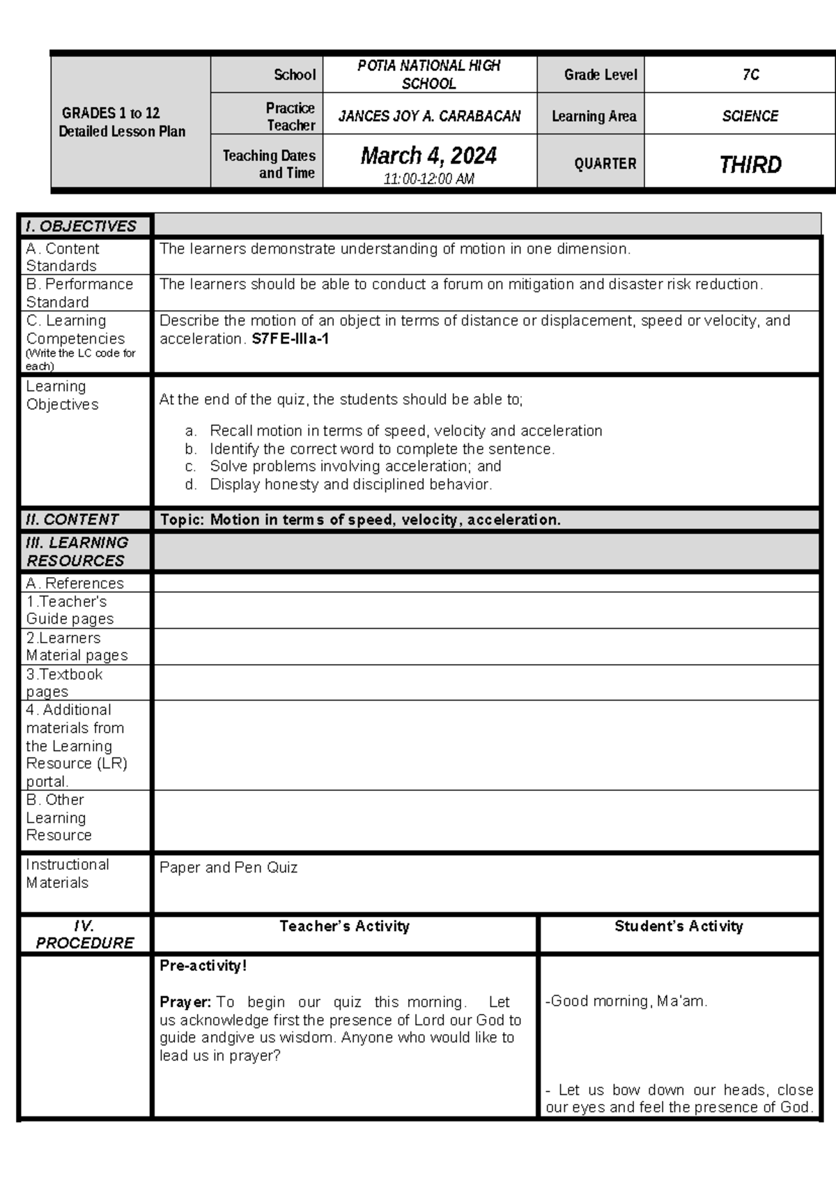 LP Grade 7C Summative QUIZ(3) - GRADES 1 to 12 Detailed Lesson Plan ...
