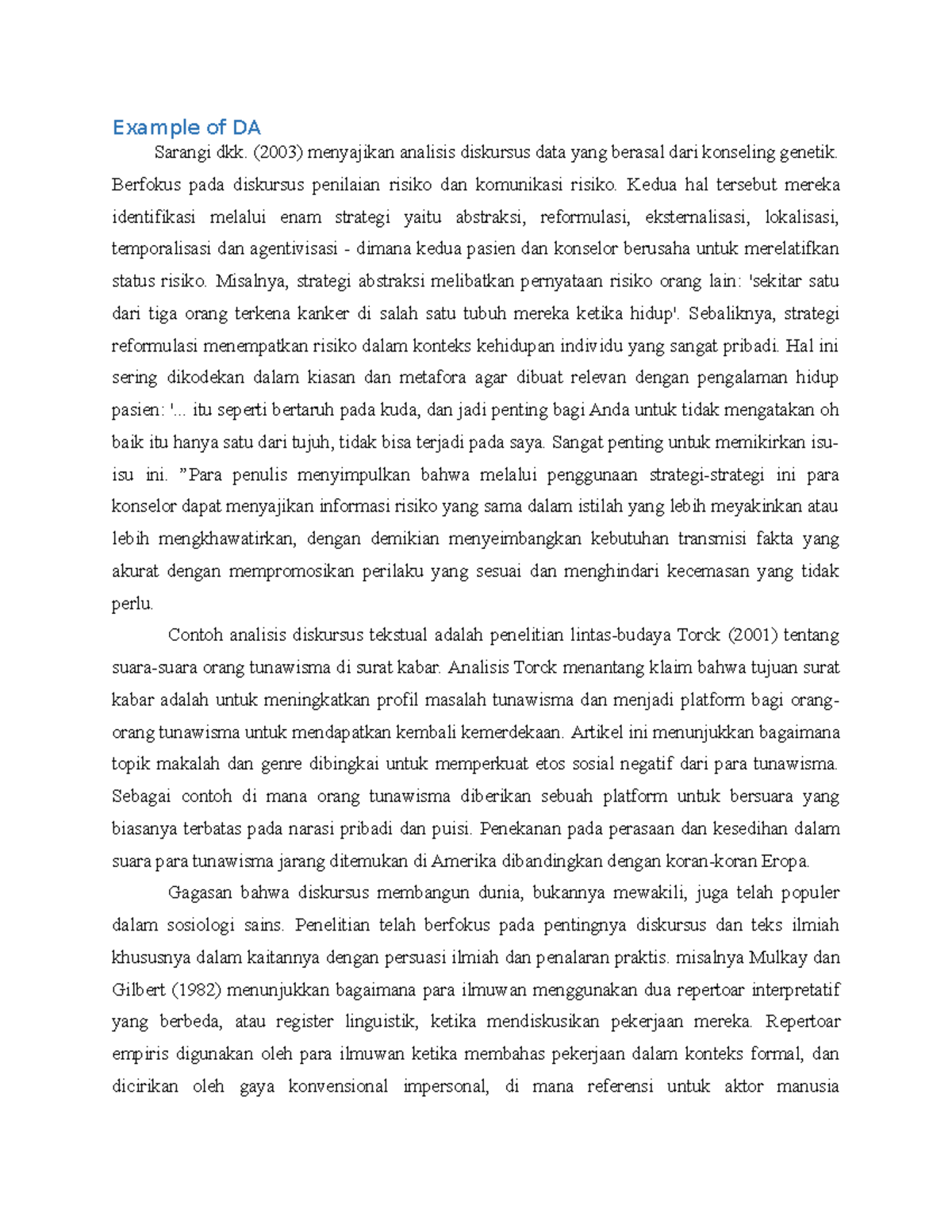 Example of Discourse Analysis - Example of DA Sarangi dkk. (2003 ...