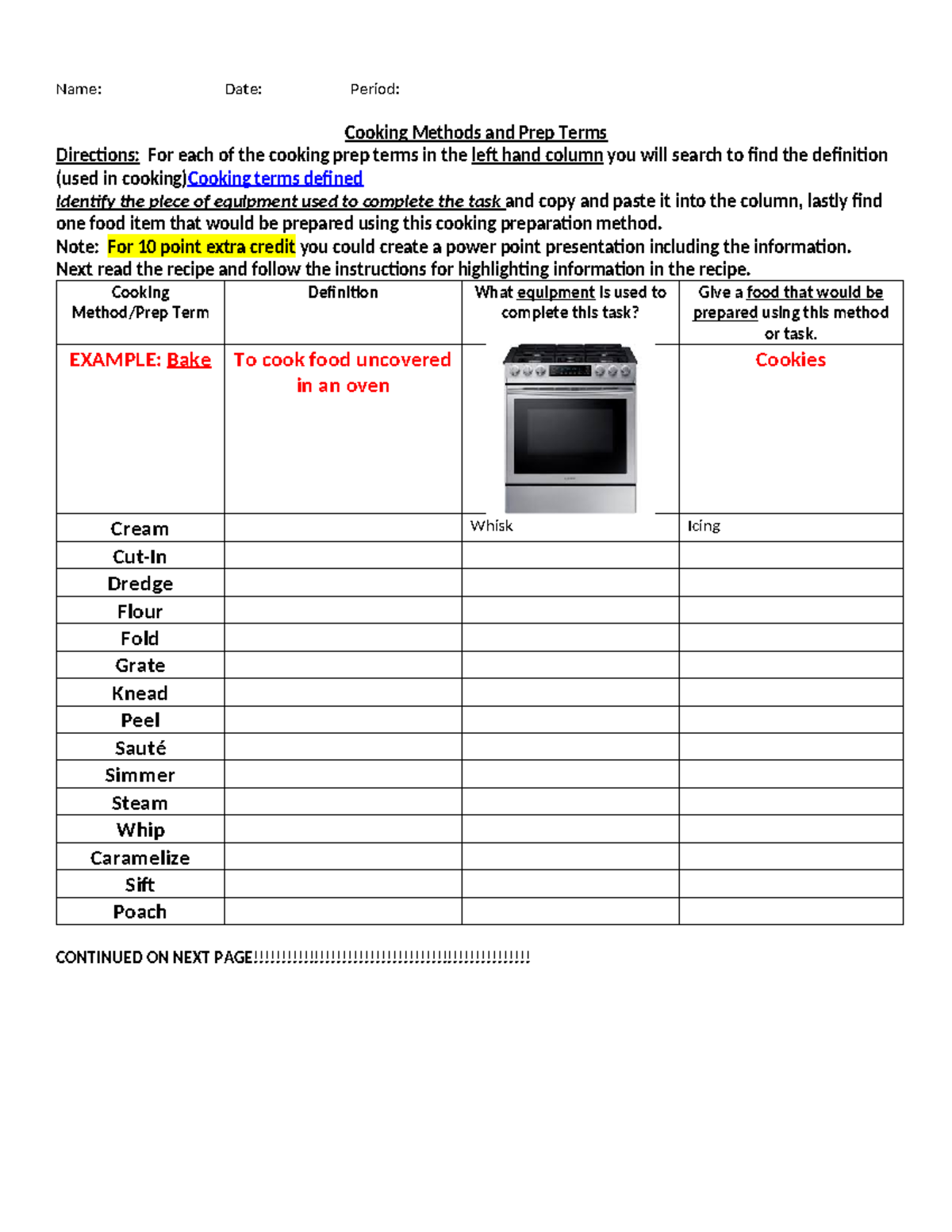 Cooking Terms.reading a recipe Fall 2022 - Name: Date: Period: Cooking ...