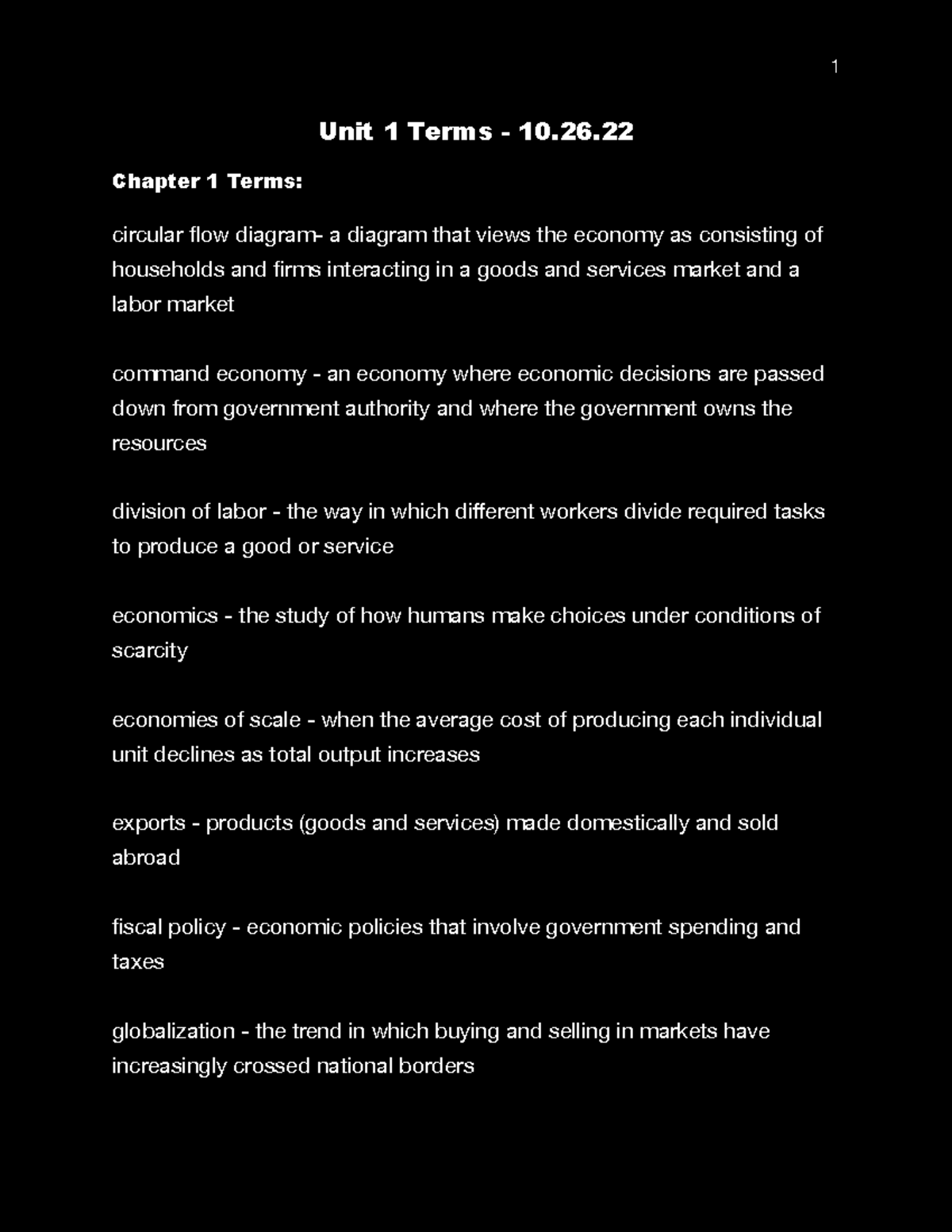 Microeconomics Terms CH.1 -CH - Unit 1 Terms - 10. Chapter 1 Terms ...
