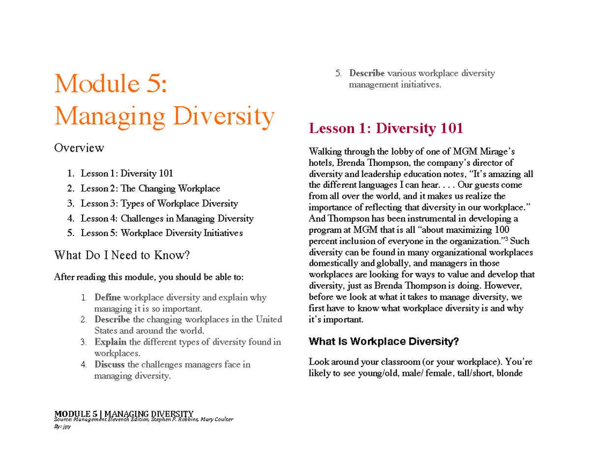 Module 5 - Managing Diversity - MODULE 5 Source: Management Eleventh ...
