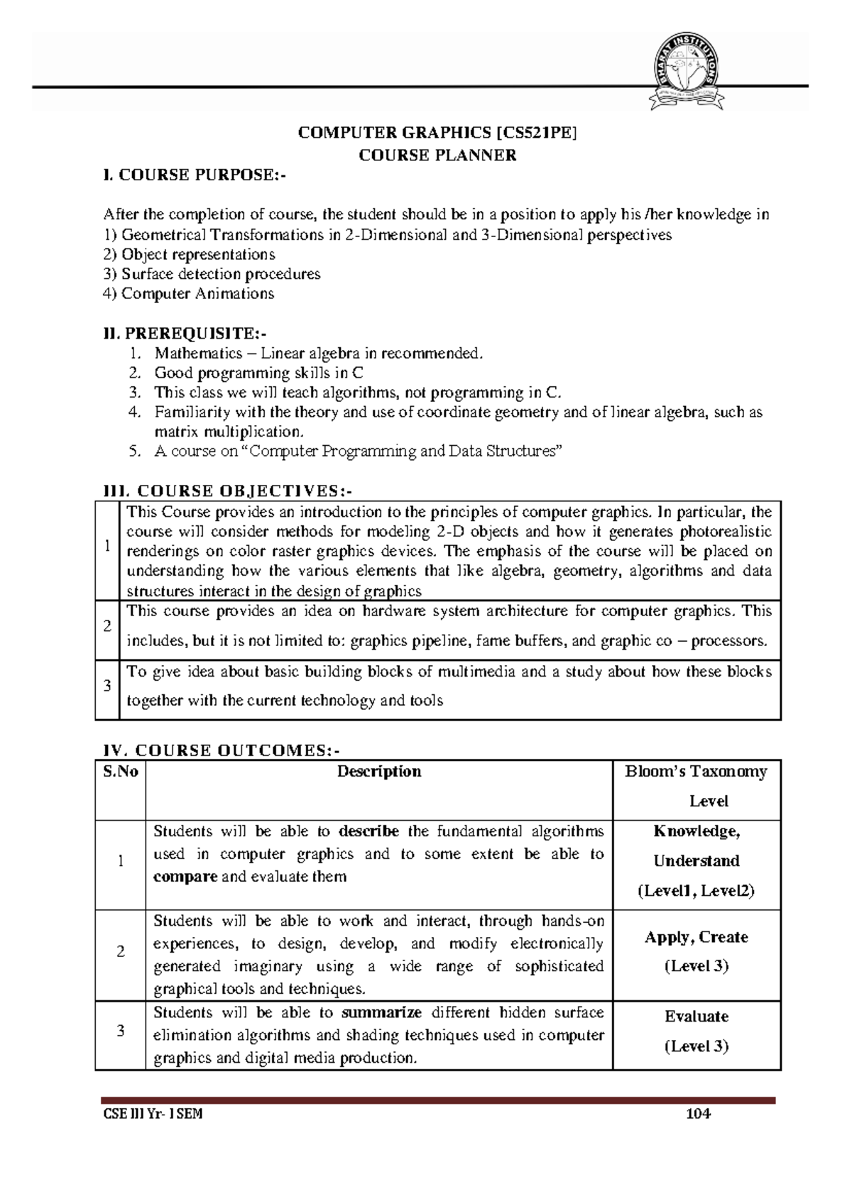 III CSE-I Hand Book 21-22-104-128 CG - COMPUTER GRAPHICS [CS521PE] COURSE PLANNER I. COURSE ...