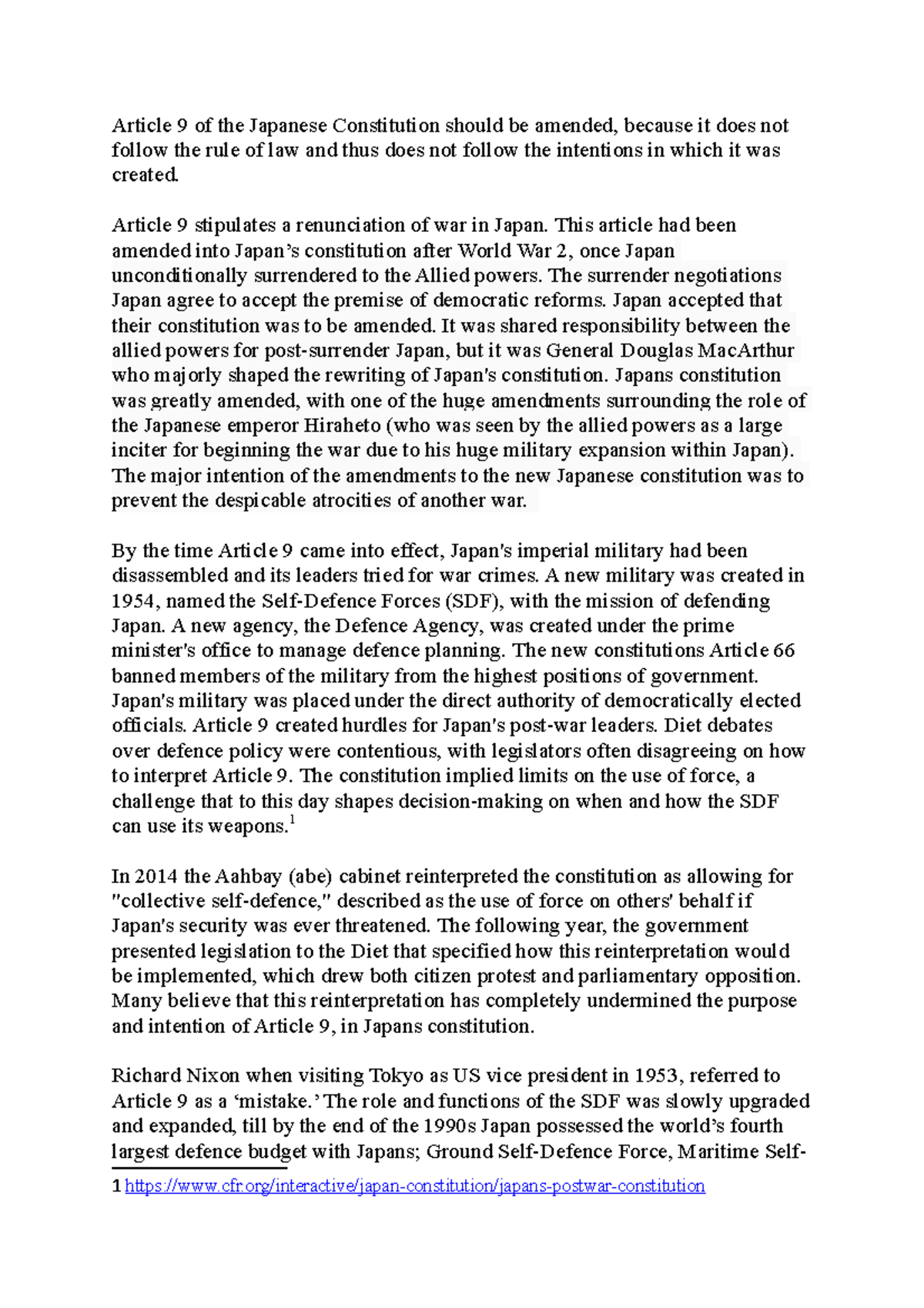 Article 9 reflection - Article 9 of the Japanese Constitution should be ...