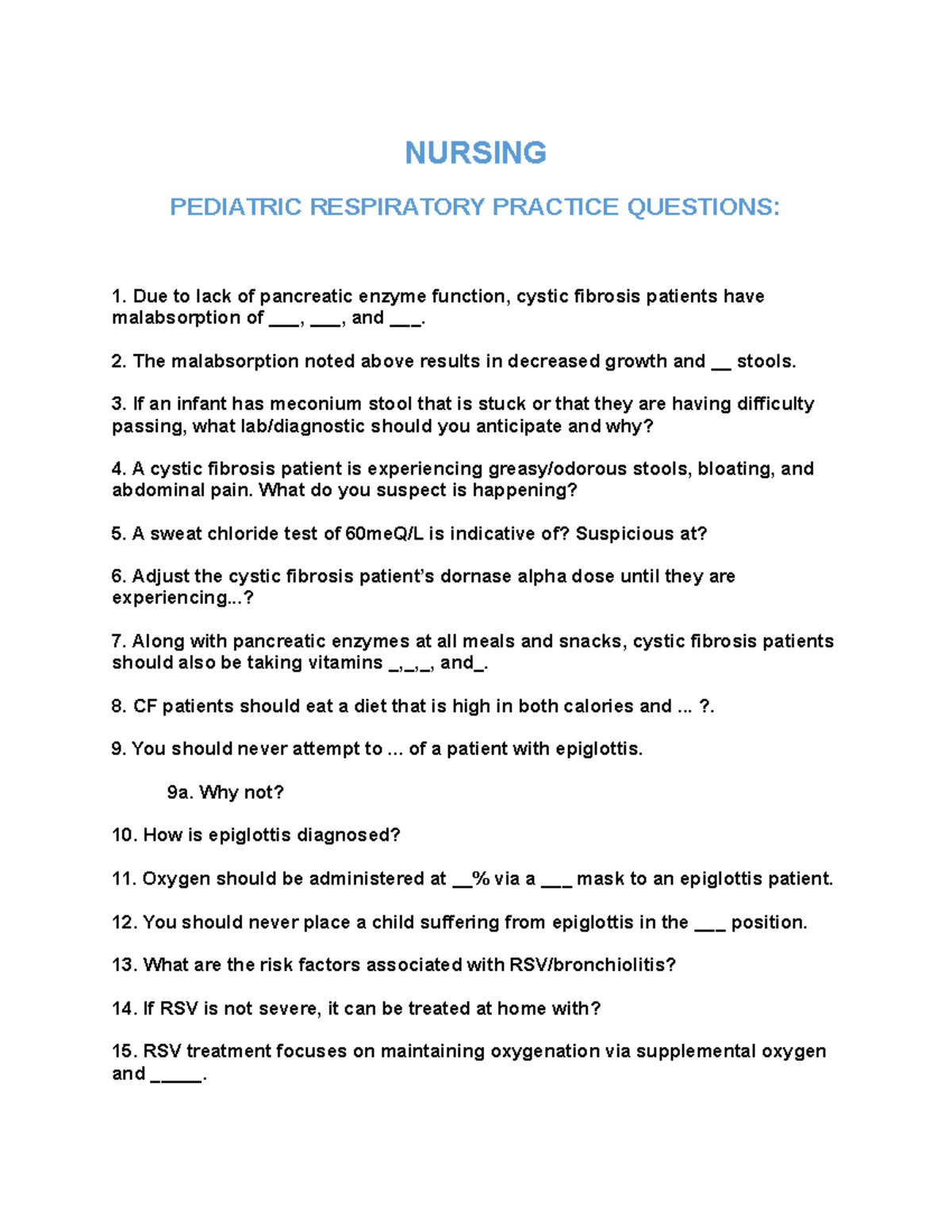 Nursing pediatric respiratory practice questions and key - NURSING ...