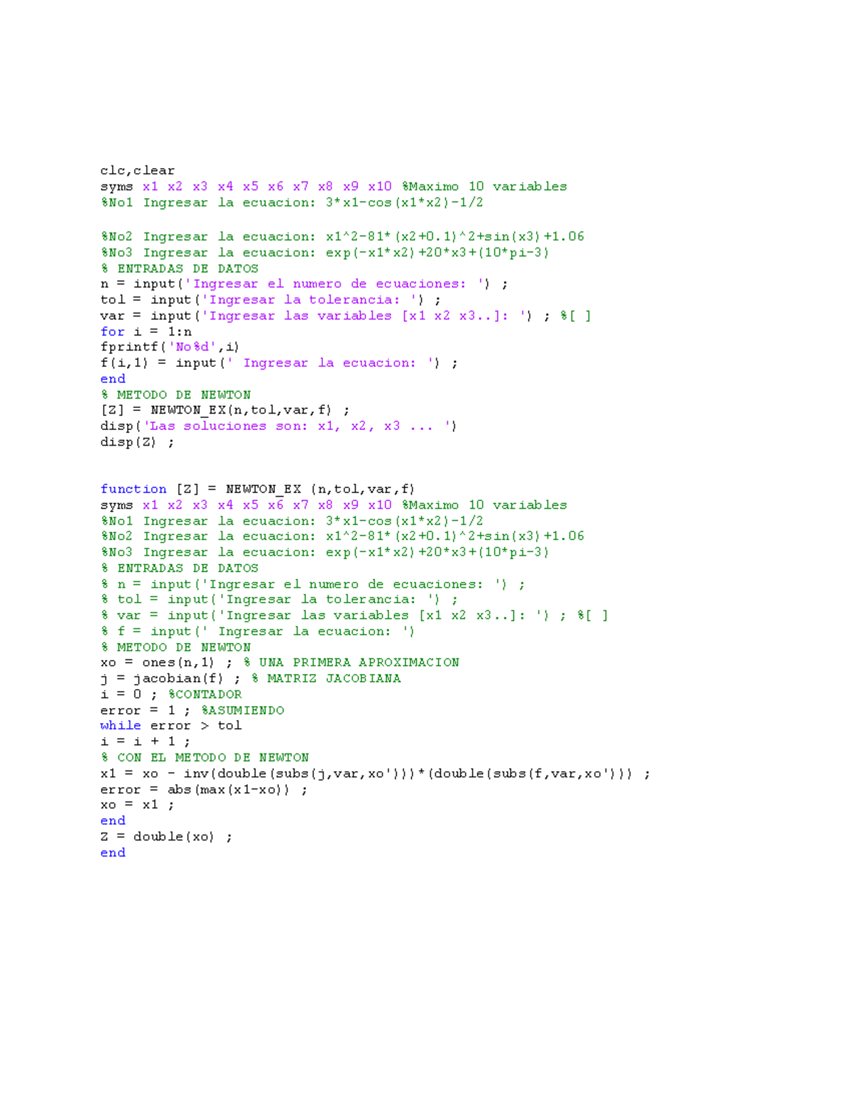 Sistema Implicito - codigo - clc,clear syms x1 x2 x3 x4 x5 x6 x7 x8 x9 ...