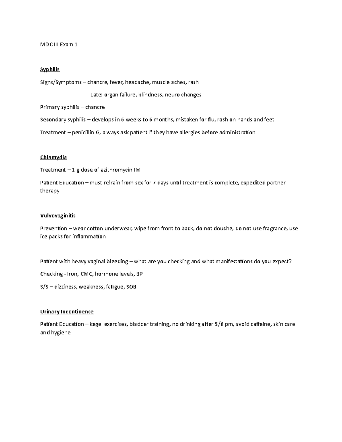 MDC III Exam 1 review - MDC III Exam 1 Syphilis Signs/Symptoms ...