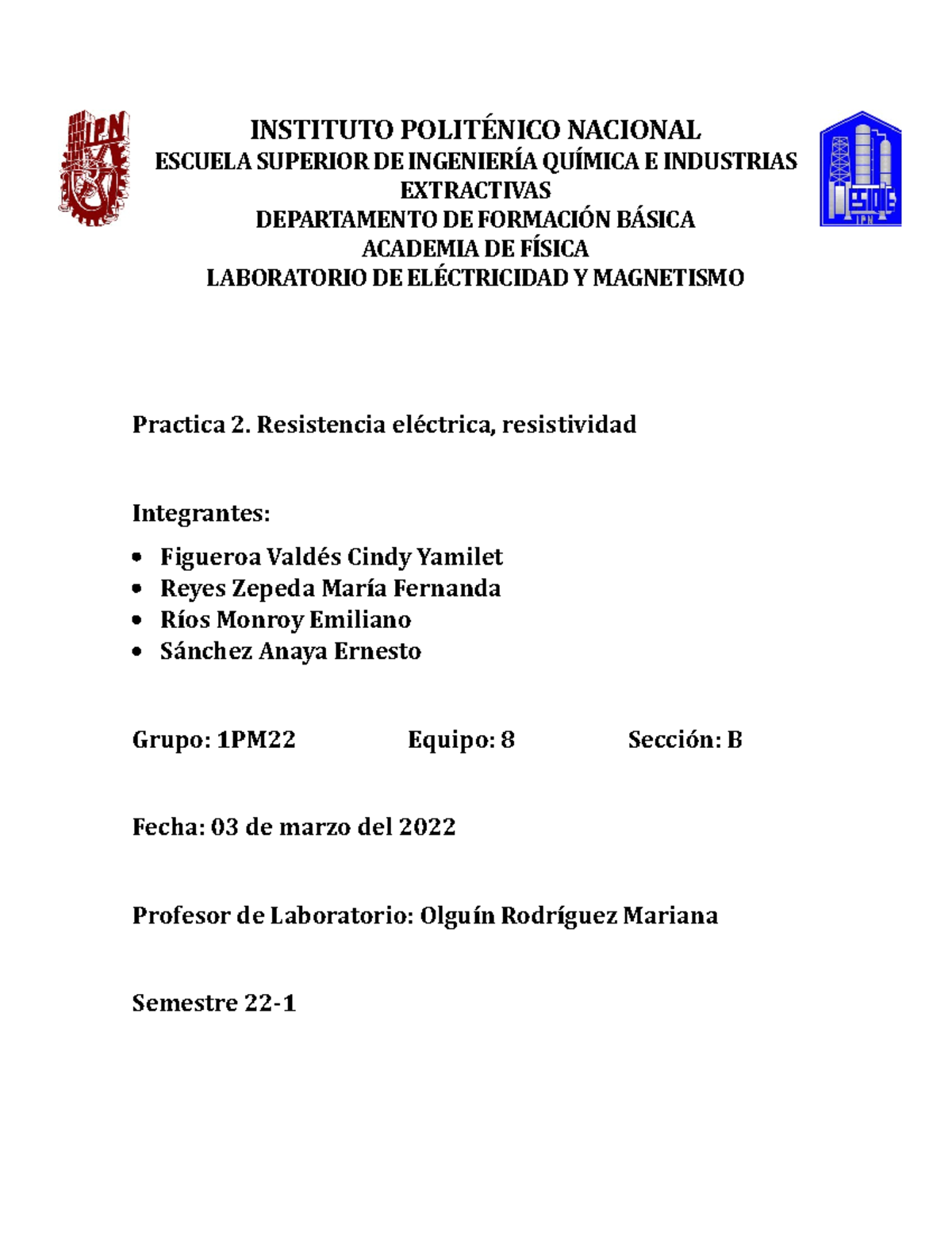 practica 2 resistencia eléctrica, resistividad y óhmetro - INSTITUTO POLITÉNICO NACIONAL ESCUELA ...