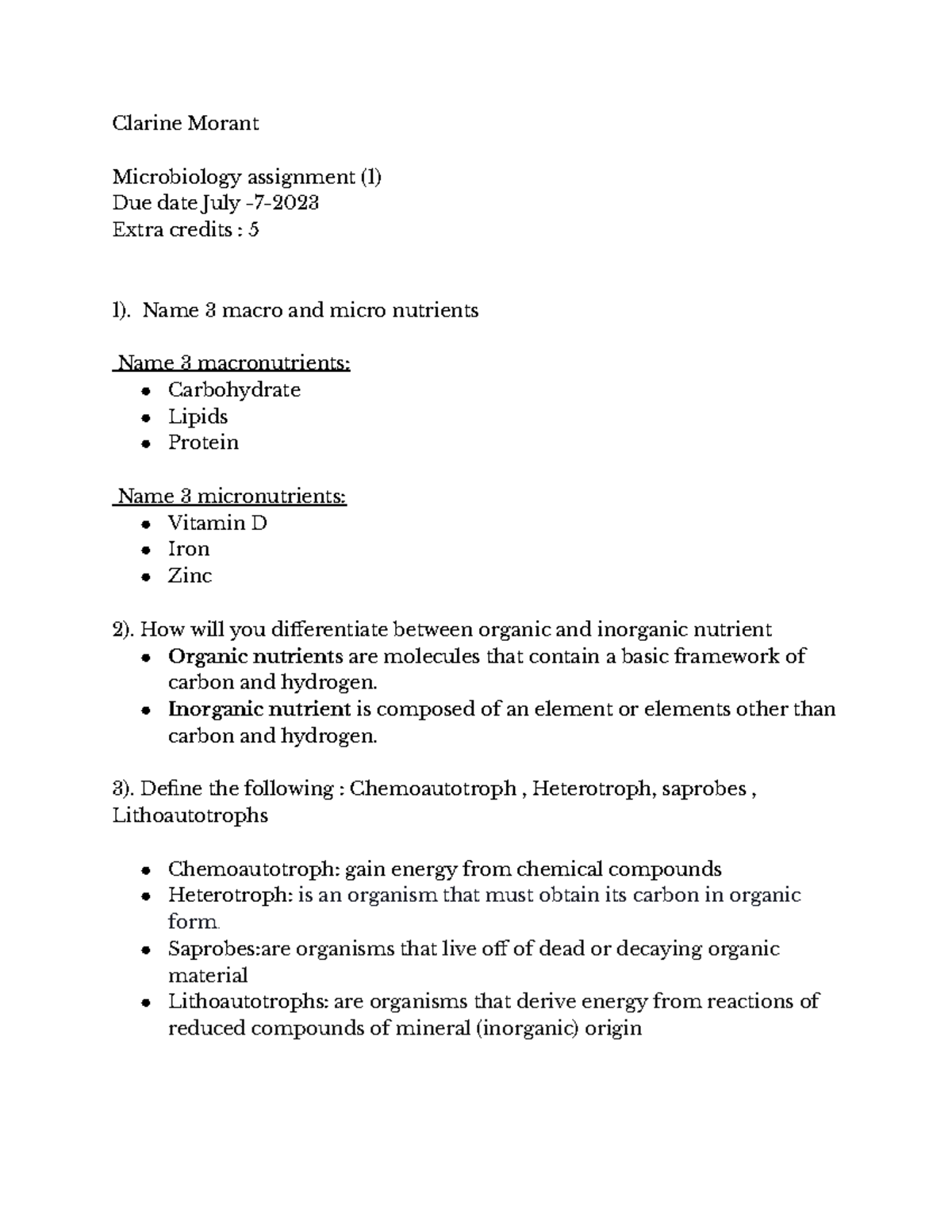 Clarine Morant- Microbiology Assignment 1-2 - BIO 5100 - KBCC - Studocu