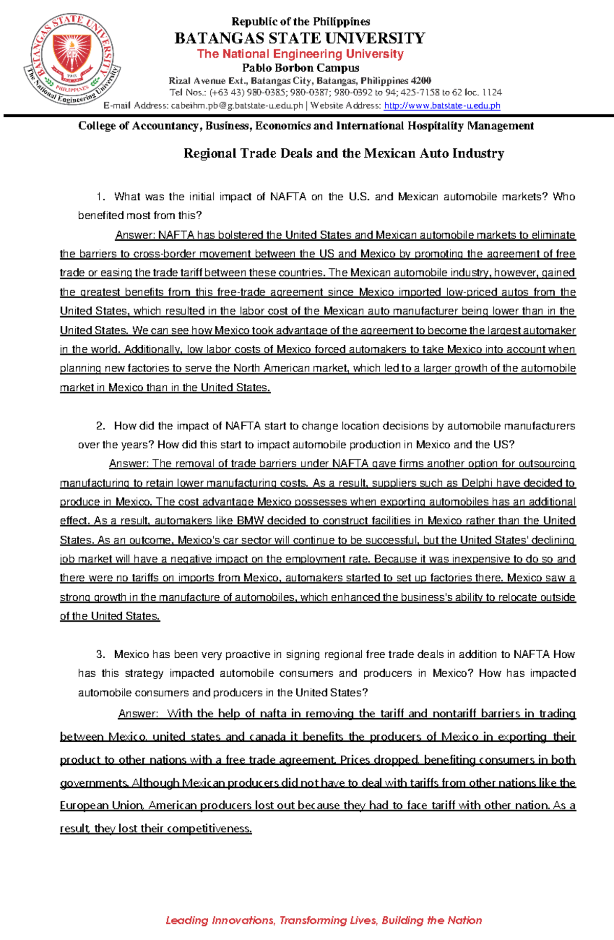 CASE Study IN IBT - Republic of the Philippines BATANGAS STATE ...