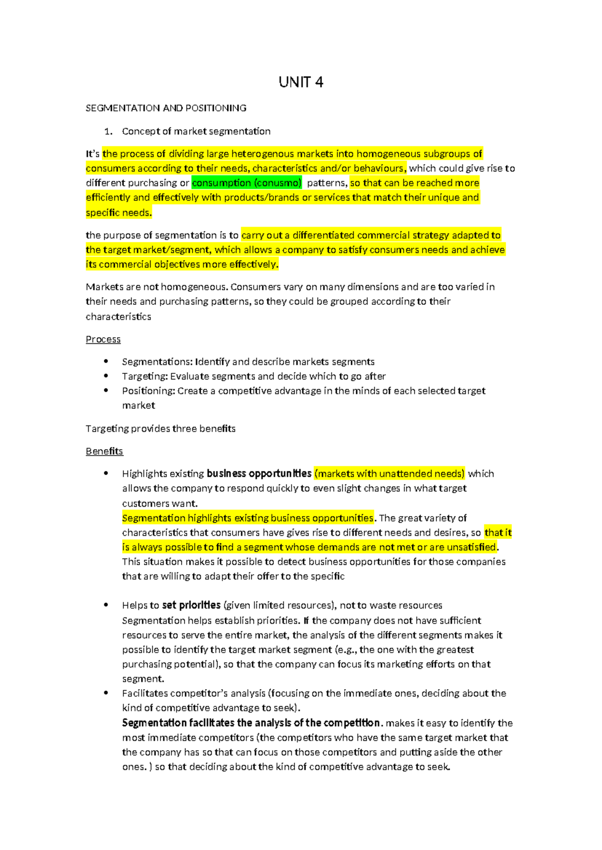 Unit 4 Marketing - lecture notes - UNIT 4 SEGMENTATION AND POSITIONING ...