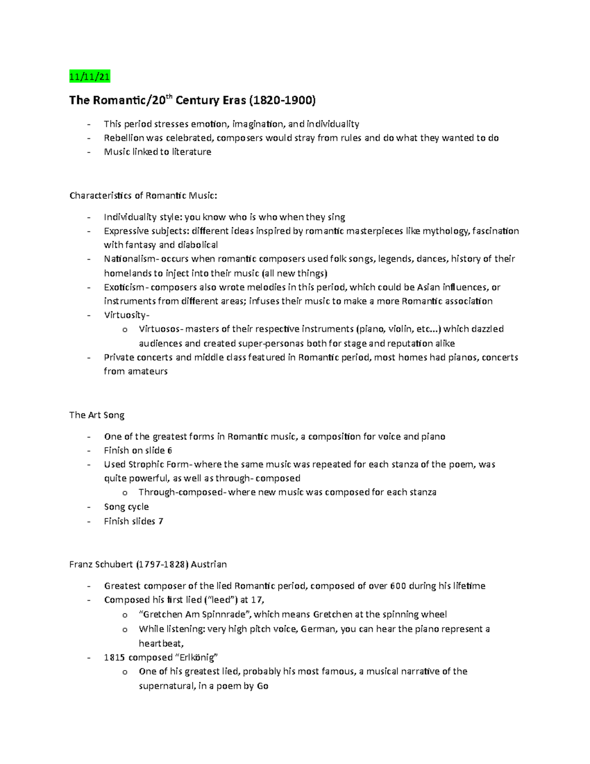 MUS010- 11-11-21 - Dr. Immel lecture notes - 11/11/ The Romantic/20th ...