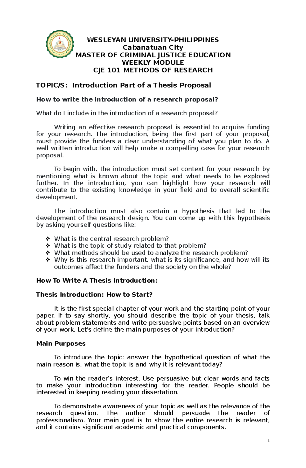 Weekly Module CJE 101 3 - asdfghjkl; - WESLEYAN UNIVERSITY-PHILIPPINES ...