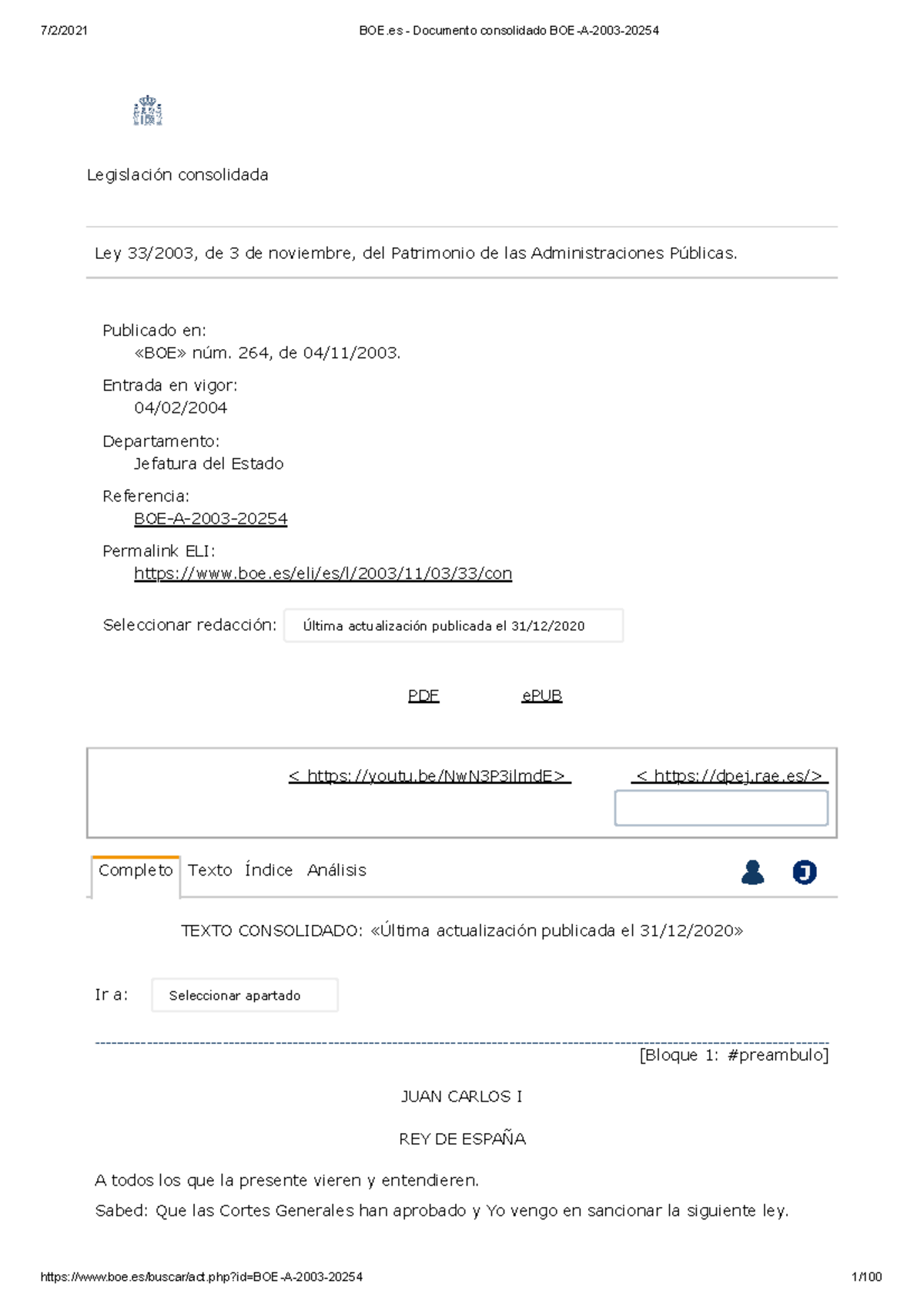 Ley 33-2003 de 3 de noviembre de patrimonio - Completo Texto Índice ...
