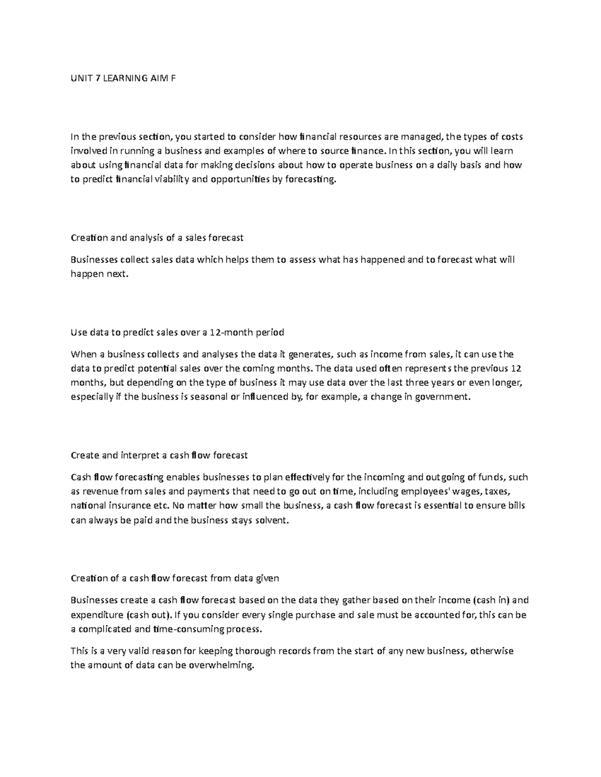 Pearson BTEC National Business Unit 7 Learning Aim F - UNIT 7 LEARNING ...