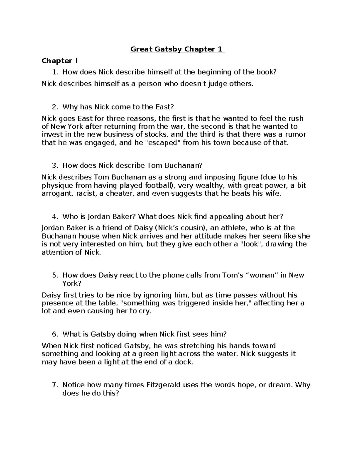 Great Gatsby Answers - Great Gatsby Chapter 1 Chapter I How does Nick ...
