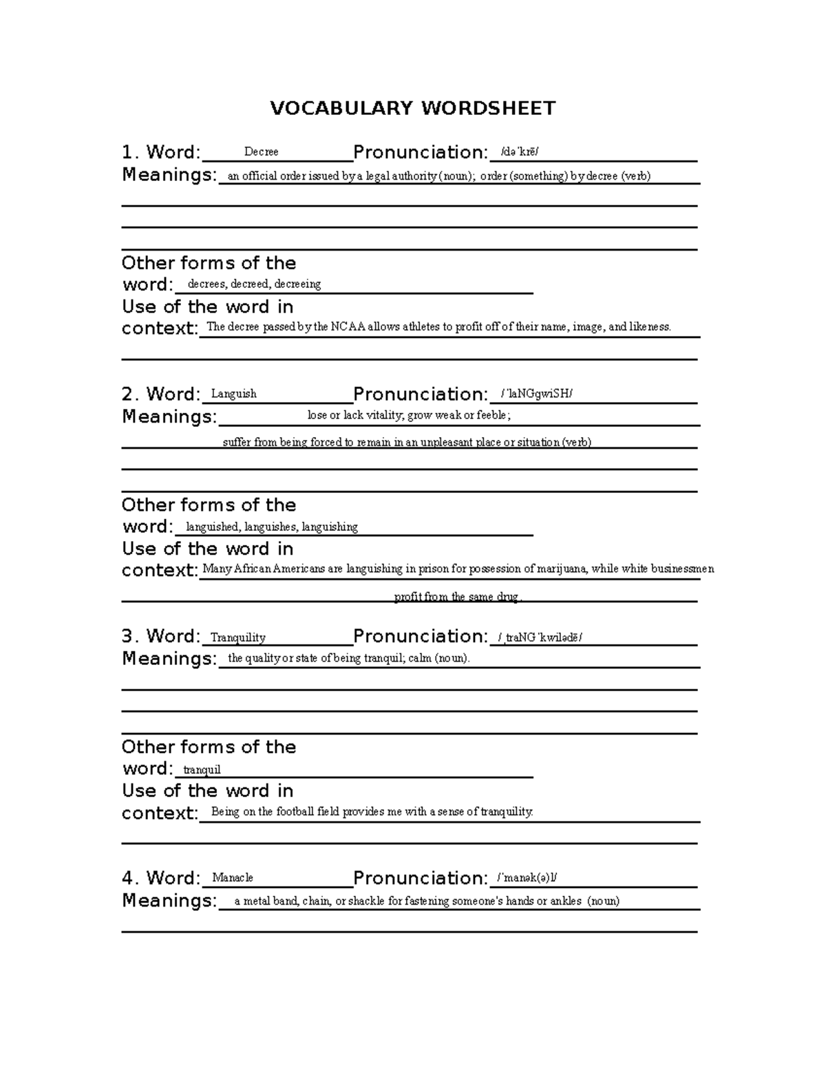 Vocab Sheet ENGL1010 Completed - VOCABULARY WORDSHEET Word ...
