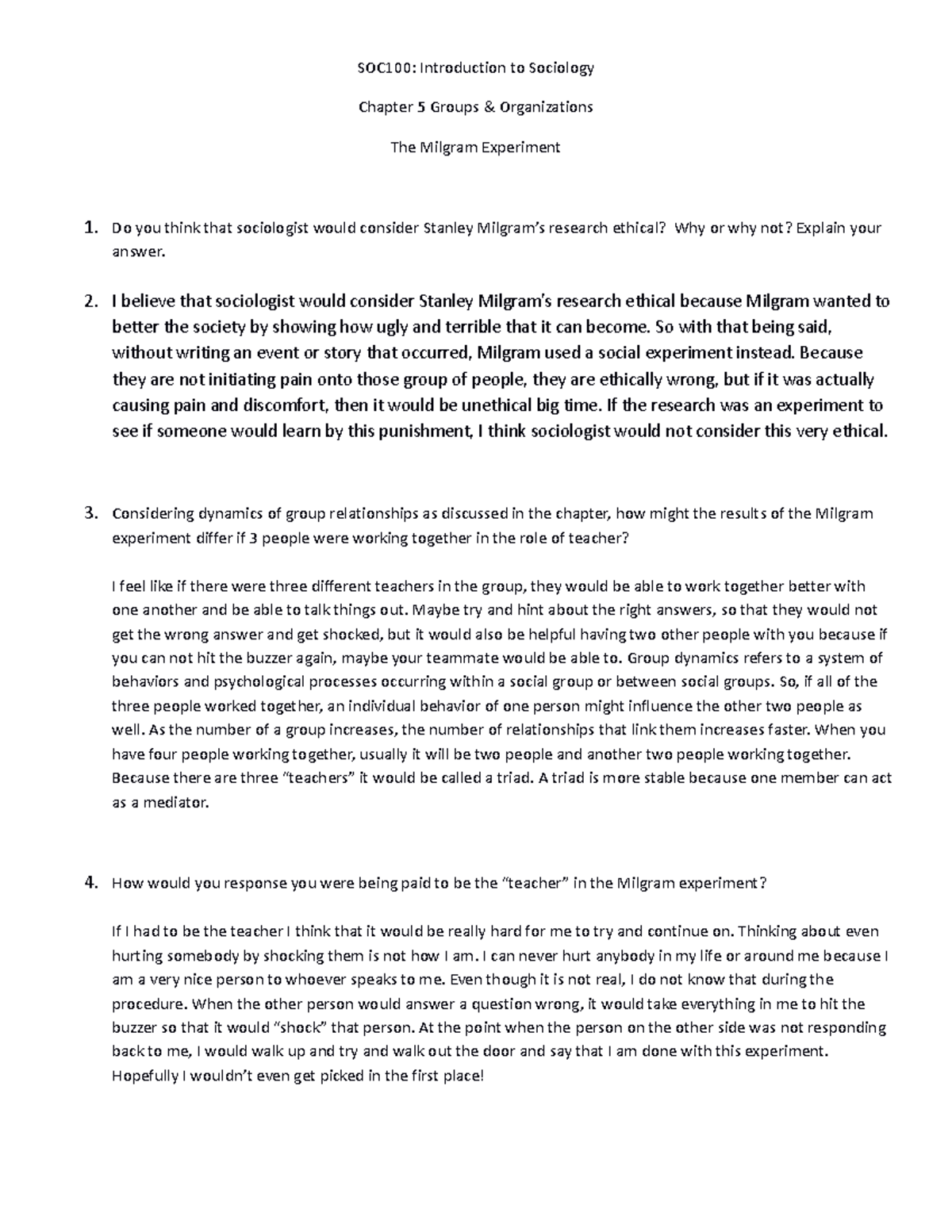 Milgram - Coursework that was given to us - SOC100: Introduction to ...