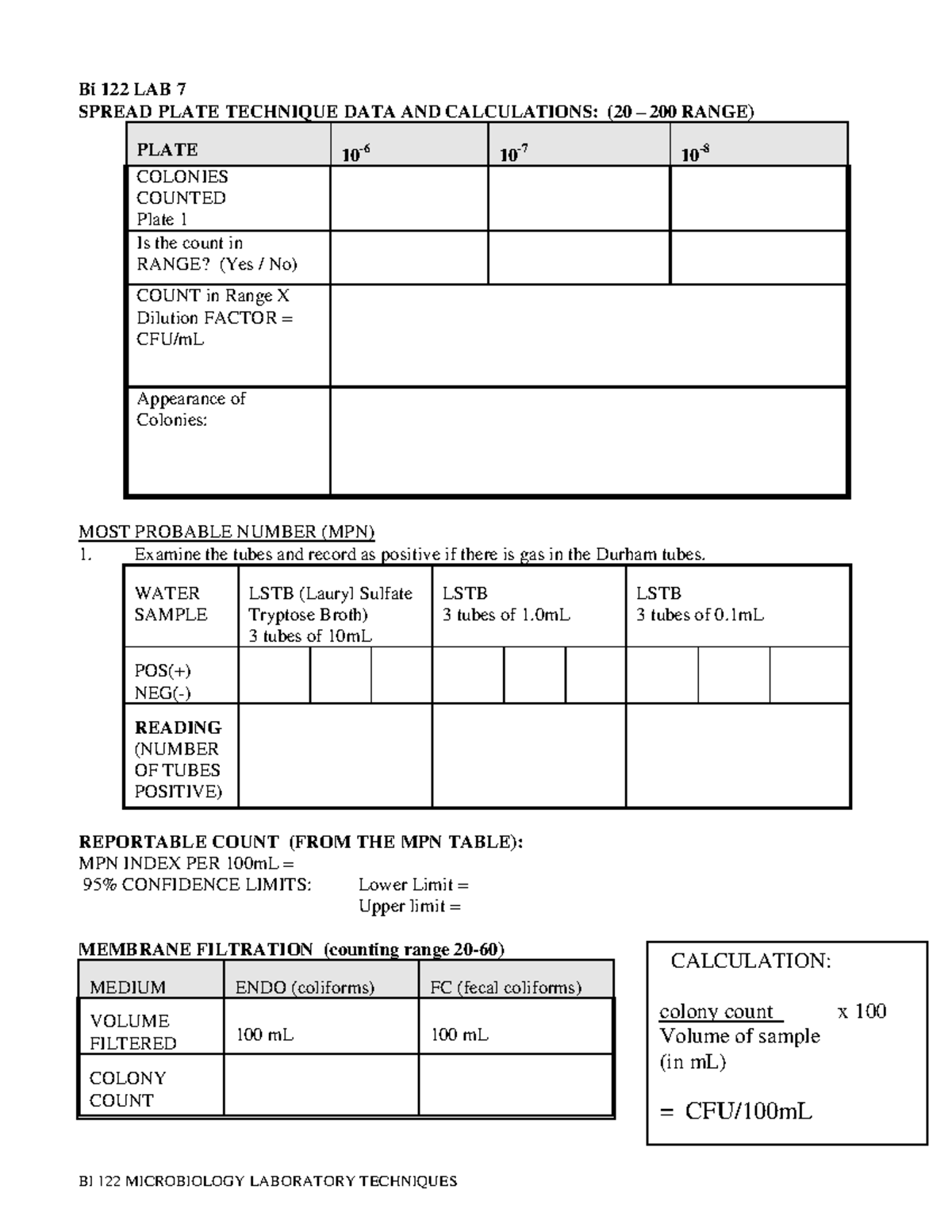 Lab 7 Spread Plate - MPN MF Report sheet - BI 122 MICROBIOLOGY ...