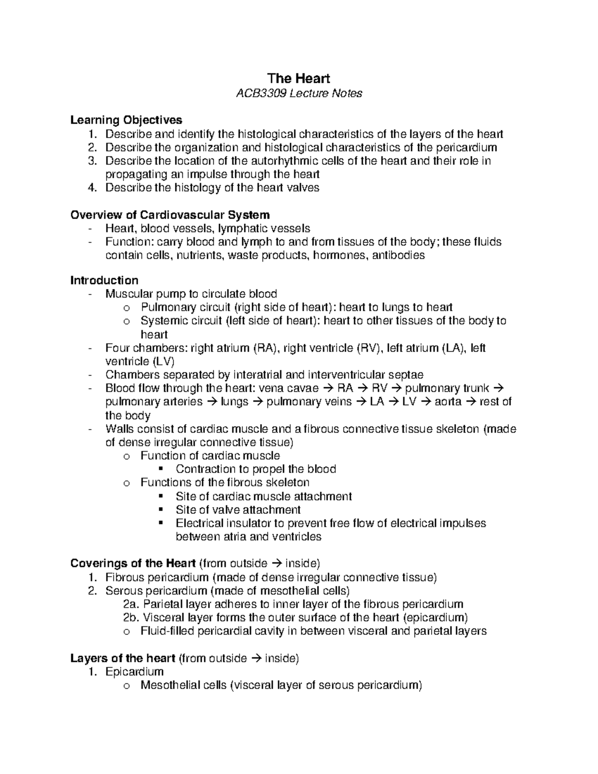 Lecture 17-Heart Summary Notes - The Heart ACB3309 Lecture Notes ...